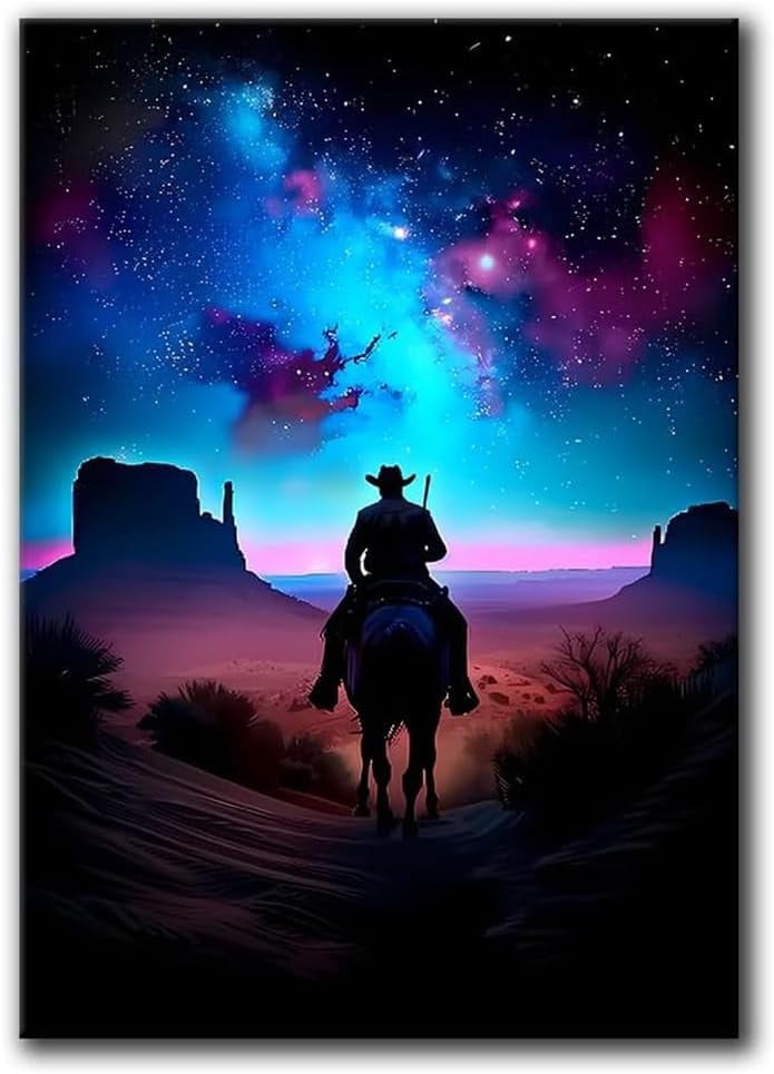 AEFER Colorful Starry Night Western Cowboy Wall Art Canvas Prints, Old ...