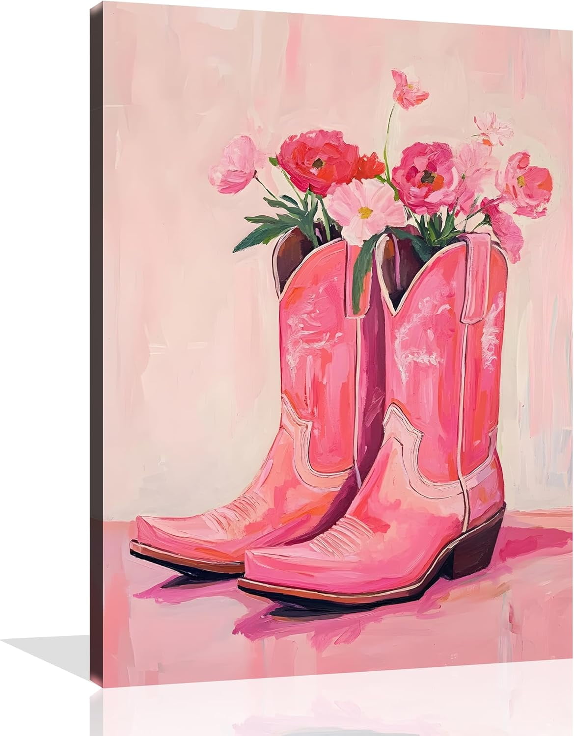 AEFER Cowgirl Canvas Wall Art Pink Floral Boot Wall Art Trendy Pink ...