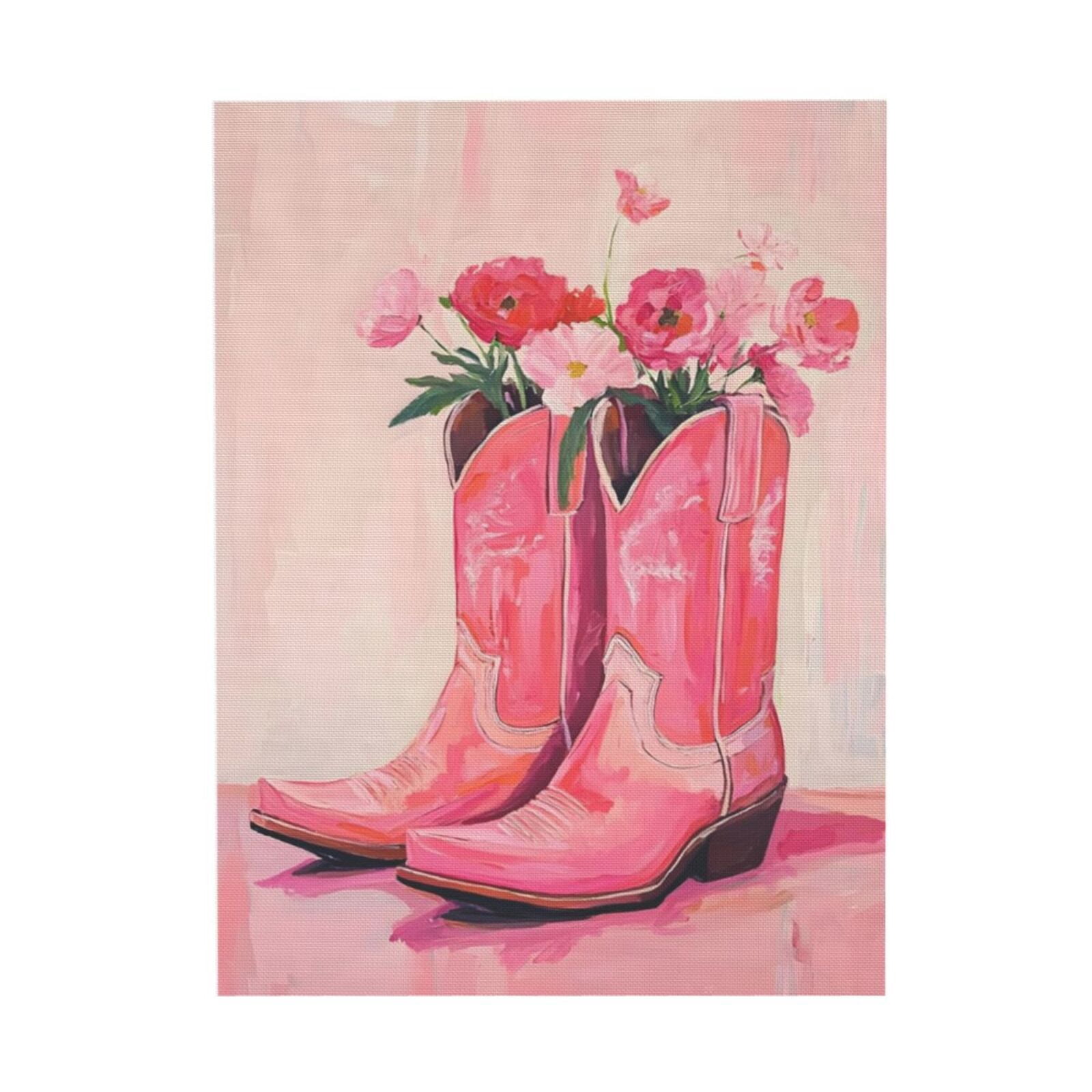 AEFER Cowgirl Canvas Wall Art Pink Floral Boot Wall Art Trendy Pink ...