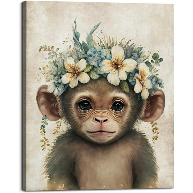 AEFER Cute Baby Monkey Garland Wall Art Jungle Animal Flower Wreath Canvas Poster Print Lovely ...