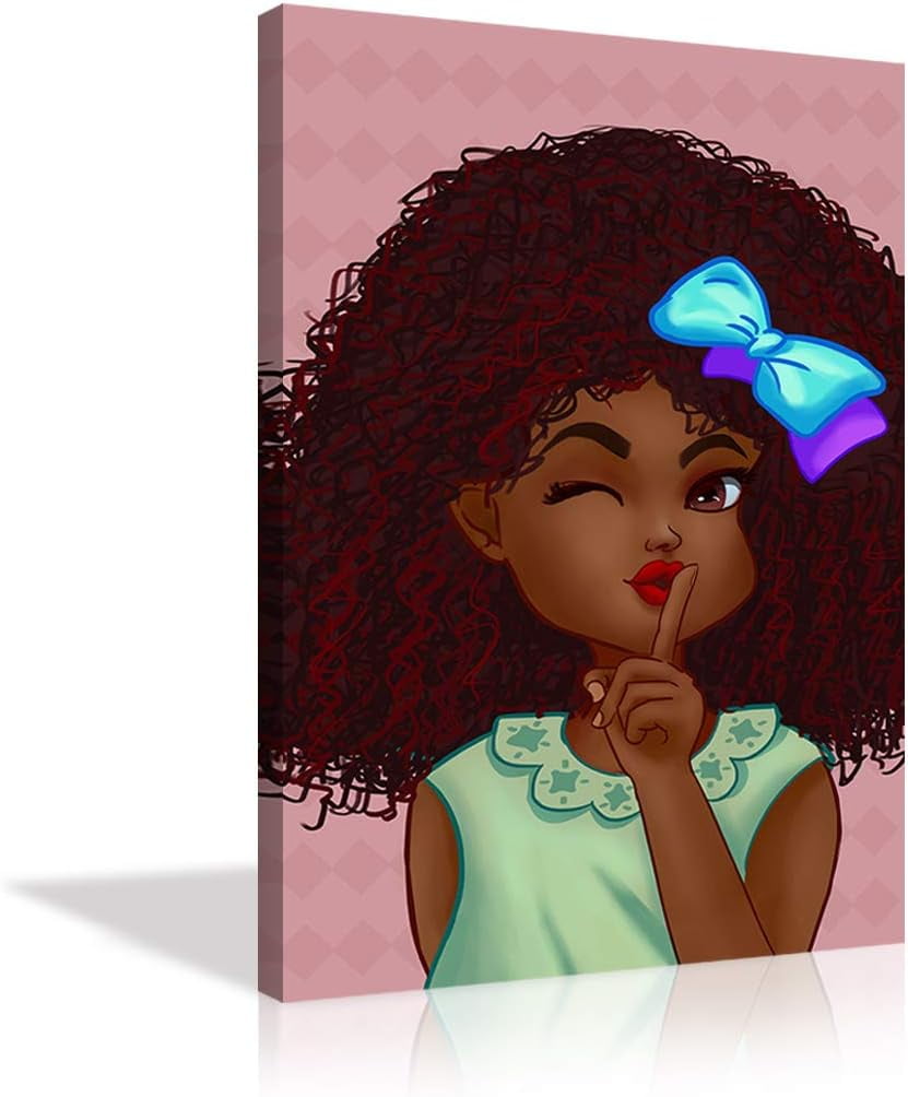 AEFER Cute Girl Canvas Wall Art Large Pink Background Poster African American Wall Decor African ...