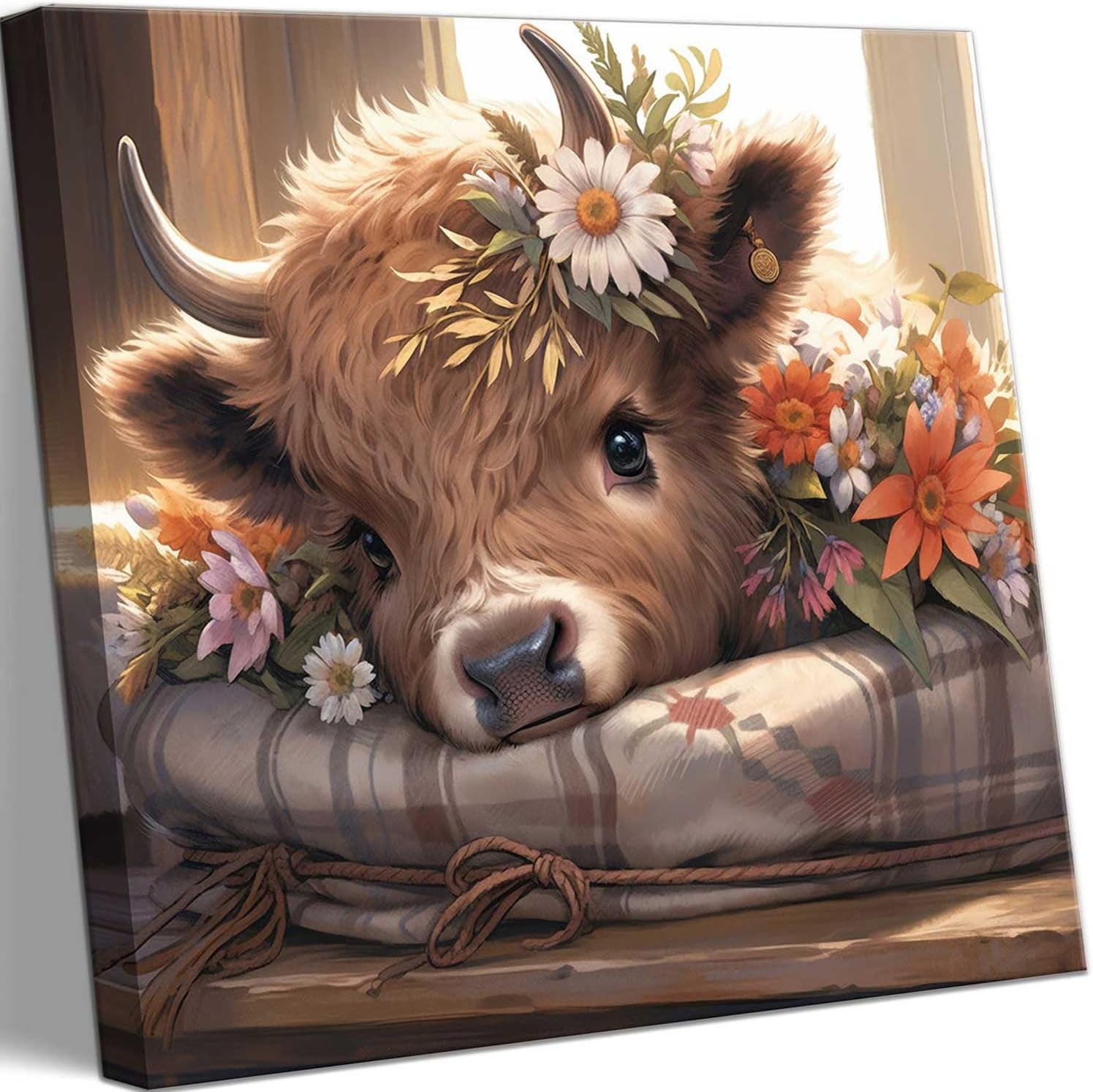 AEFER Cute Highland Cow Baby Canvas Wall Art Rustic Farmhouse Daisy ...
