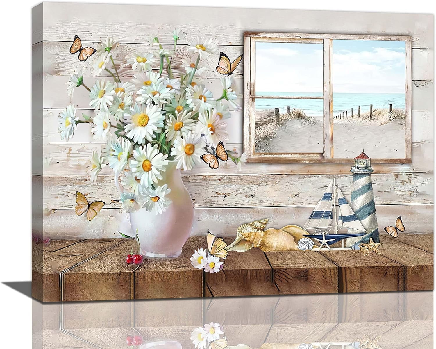 AEFER Daisy Butterflies Bathroom Wall Art Nautical BeaPictures Rustic ...