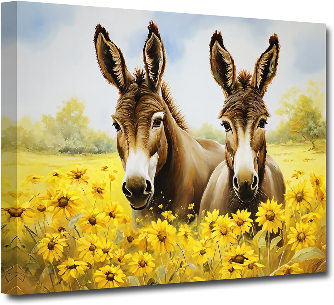 AEFER Donkey Wall Art Funny Donkey with Sunflower Canvas Prints Farm ...