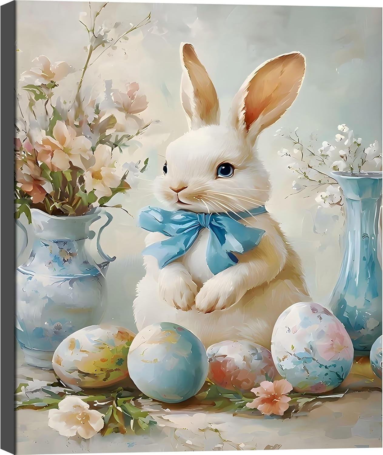 AEFER Easter Bunny with Blue Bow Canvas Wall Art, Unframed Farmhouse ...