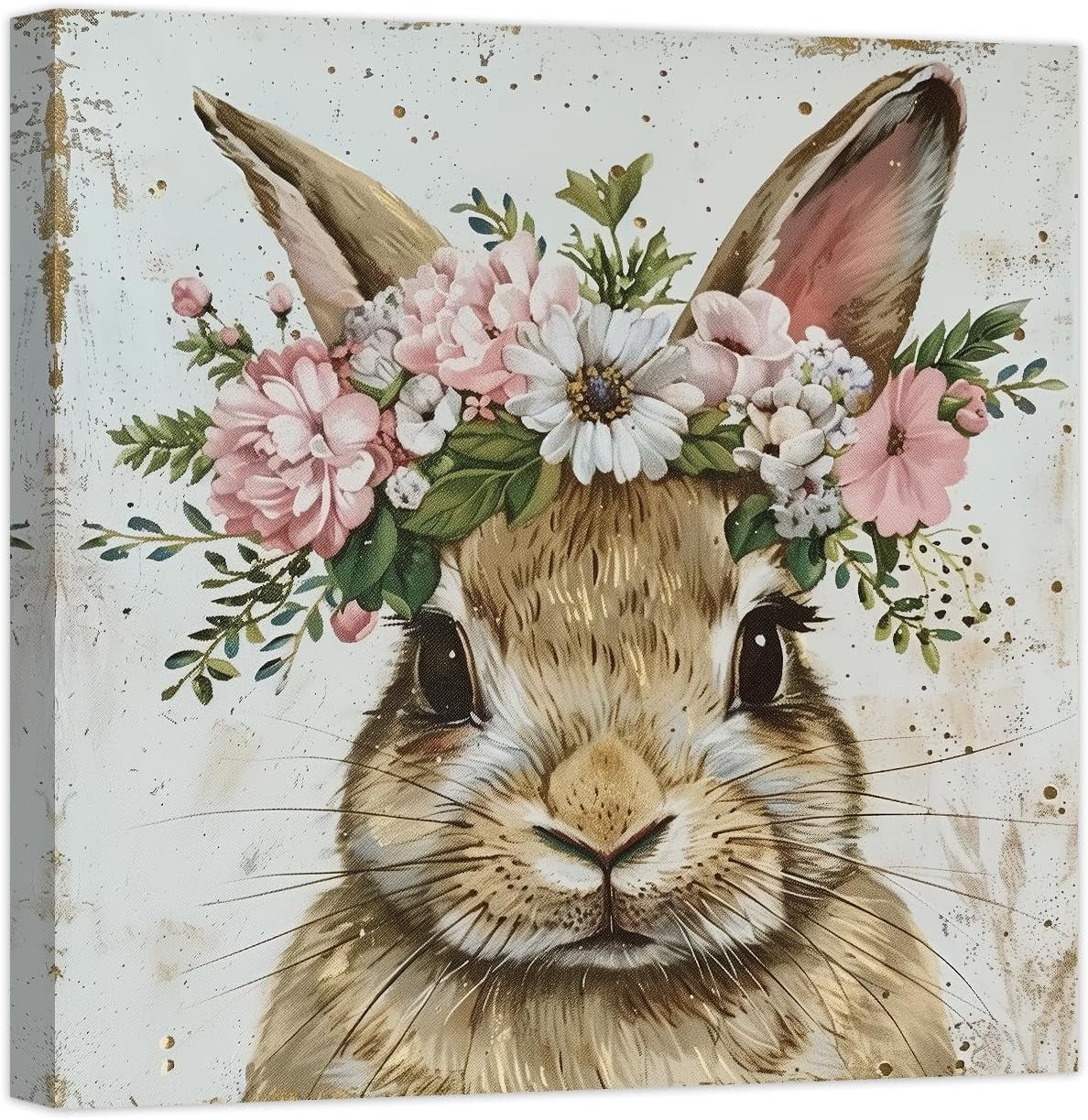 AEFER Easter Bunny Canvas Wall Art Cute Rabbit Poster with Flowers ...
