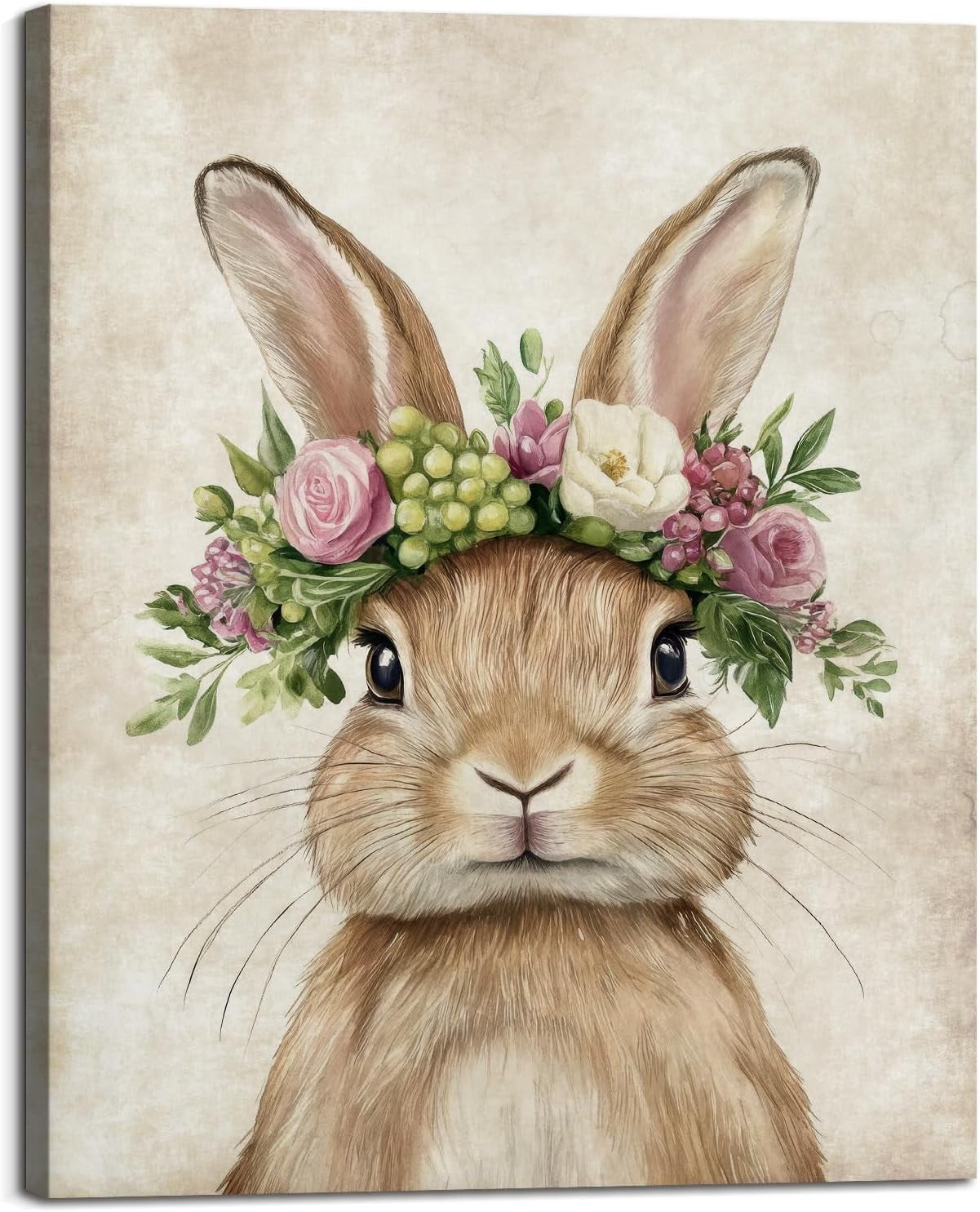 AEFER Easter Rabbit with Floral Crown Canvas Wall Art Cute Bunny Poster ...