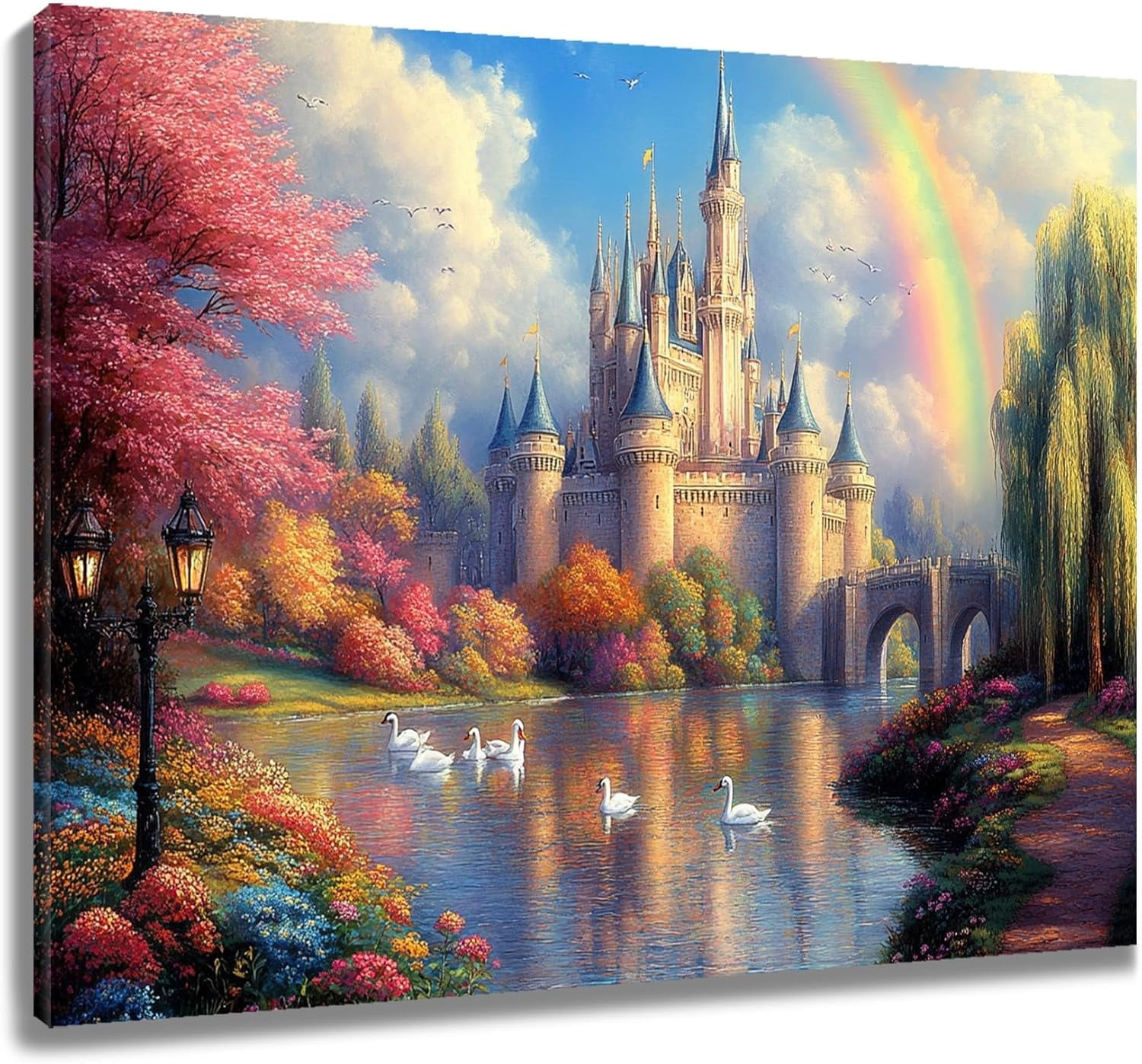 AEFER Fantasy Castle Canvas Wall Art for Living Room, Pink Tree Forest ...