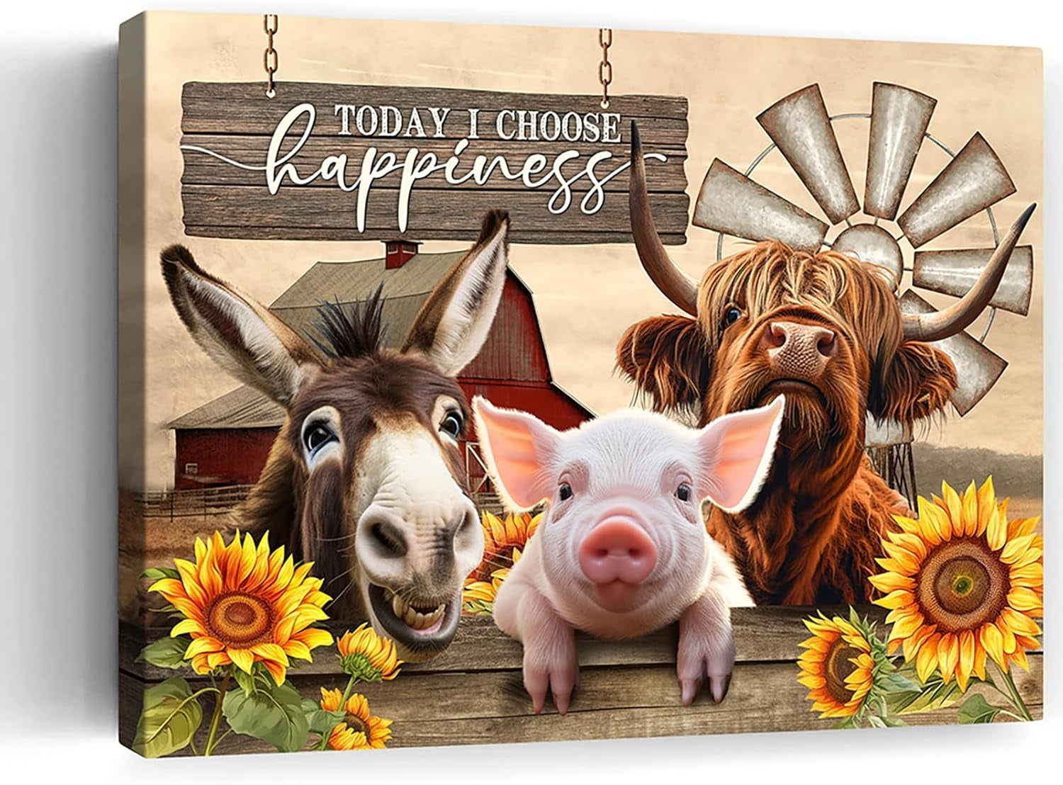 AEFER Farmhouse Animals Canvas Kitchen Wall Art Rustic Sunflowers ...