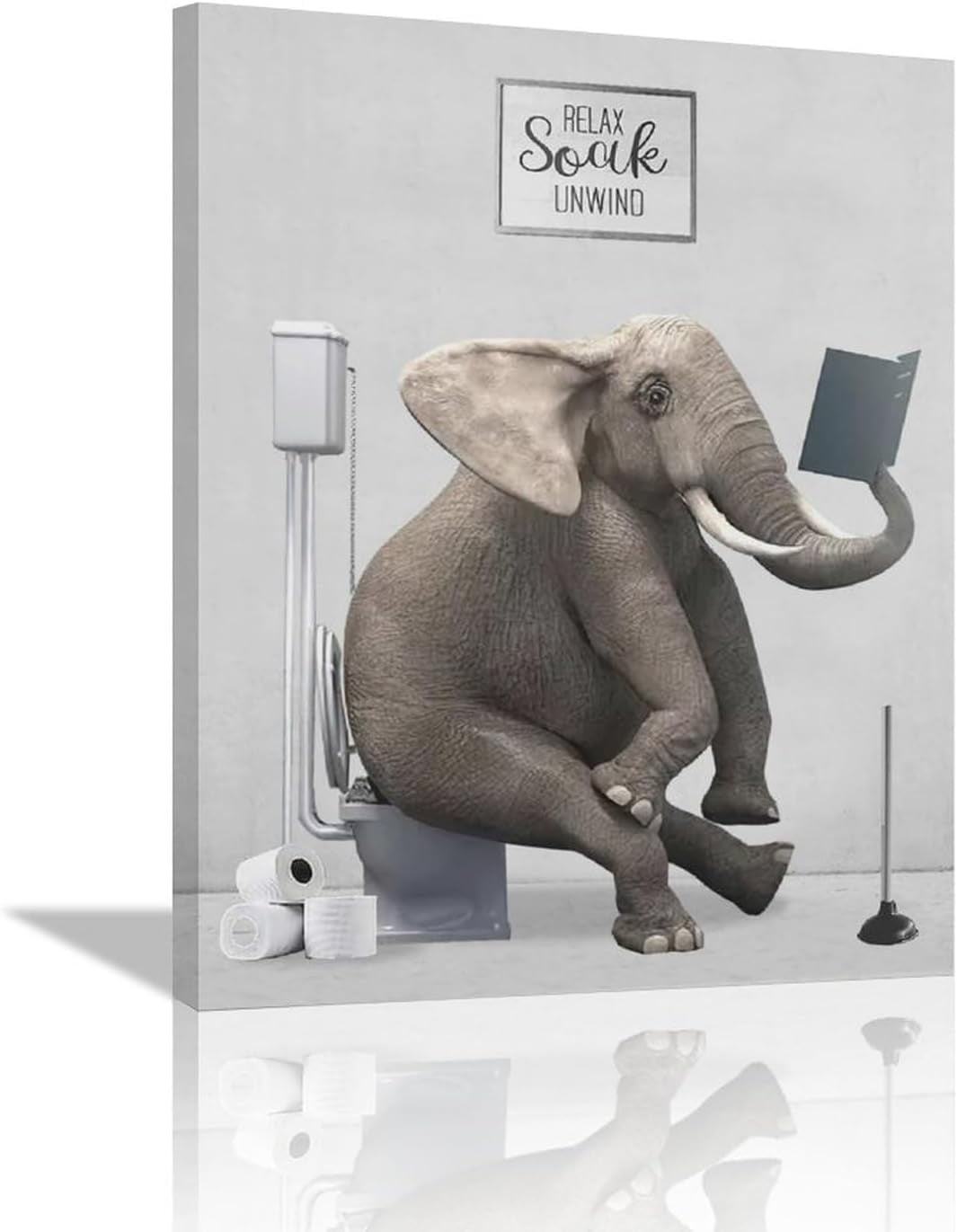 AEFER Farmhouse Bathroom Wall Art Funny Elephant Reading Book On Toilet ...