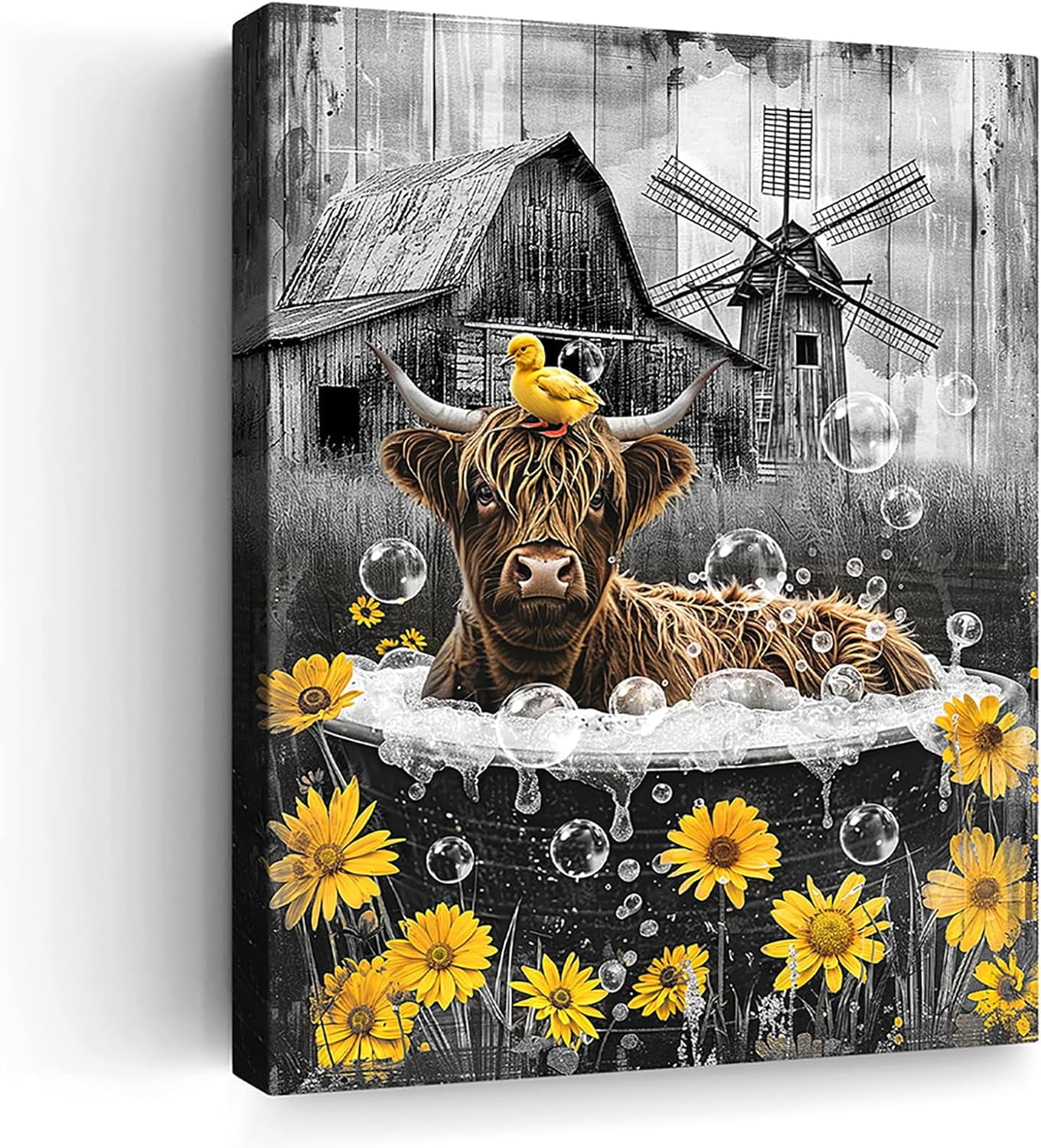 AEFER Farmhouse Black And White Cow In Bathtub Sunflower Windmill Old ...
