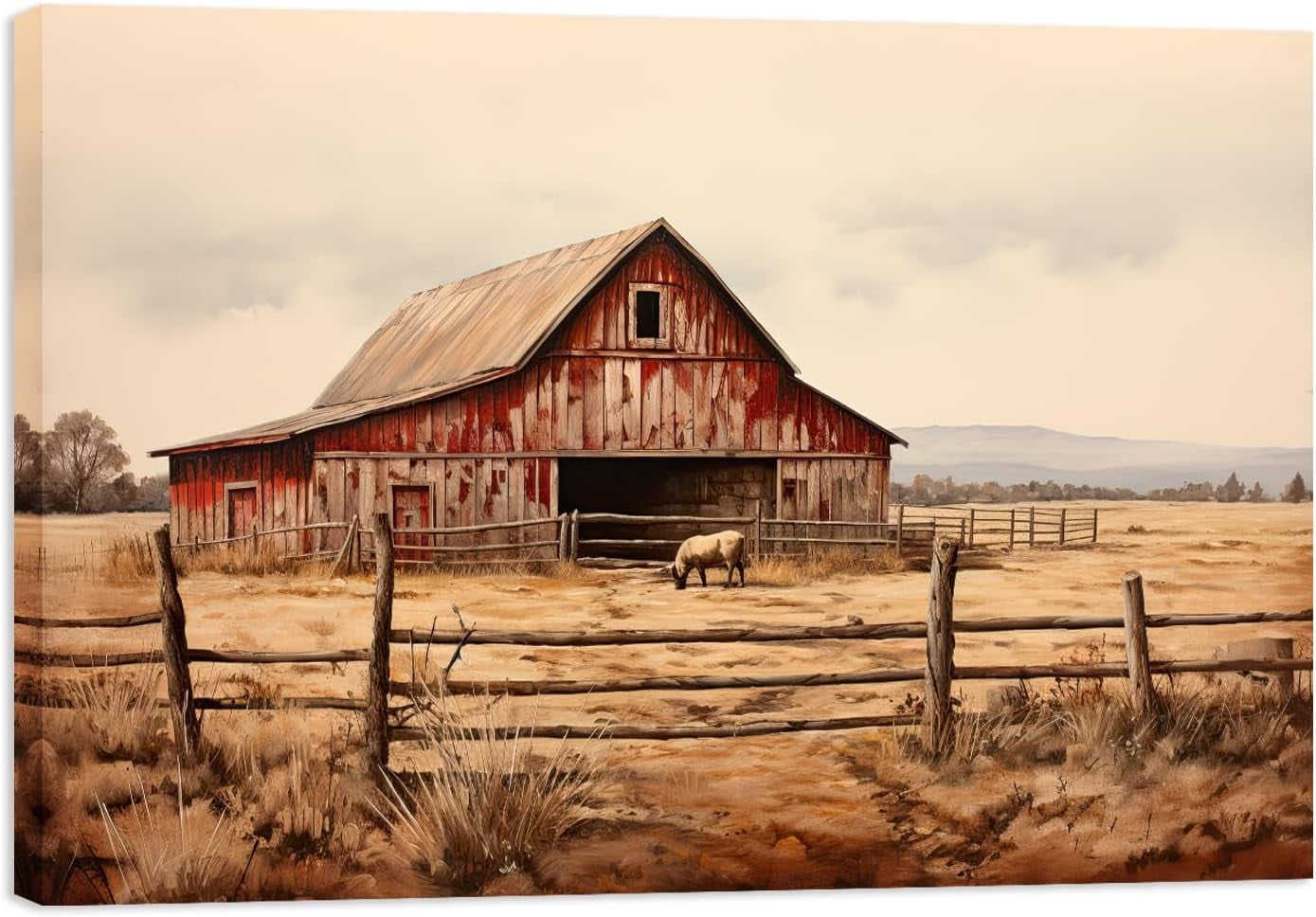 AEFER Farmhouse Canvas Wall Art, Cow Old Fashioned Barn with Fence ...