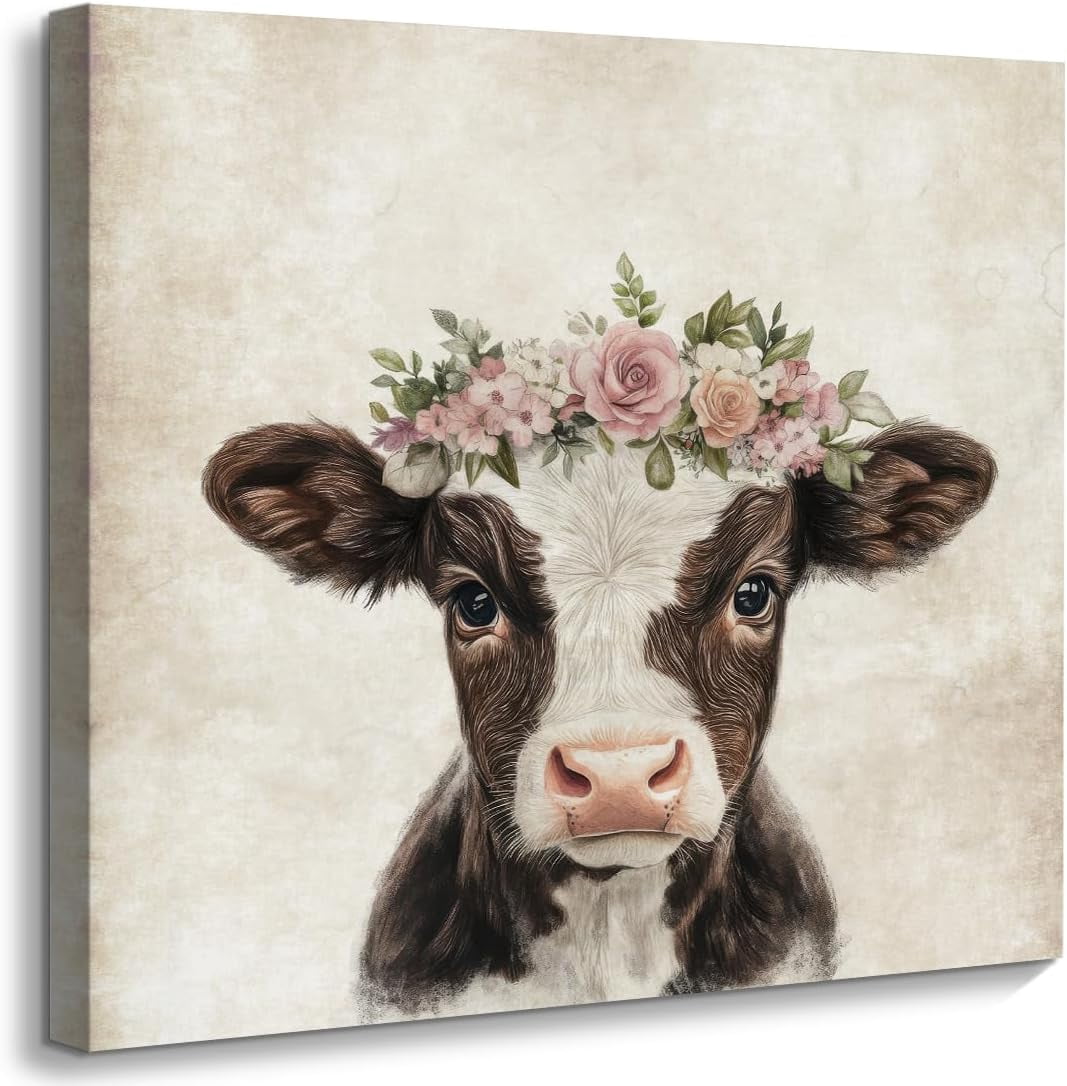 AEFER Farmhouse Cow Print Kids Wall Art Baby Cow Wearing a Wreath ...