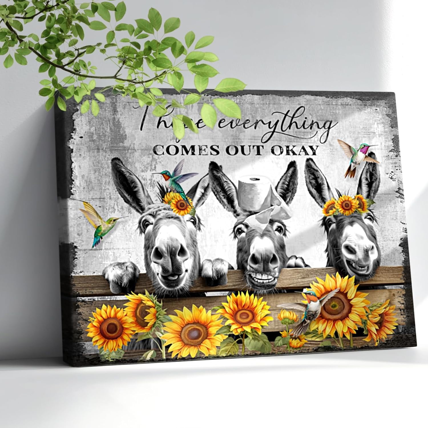 AEFER Farmhouse Donkey Wall Art for Bathroom Funny Country Donkey Birds ...