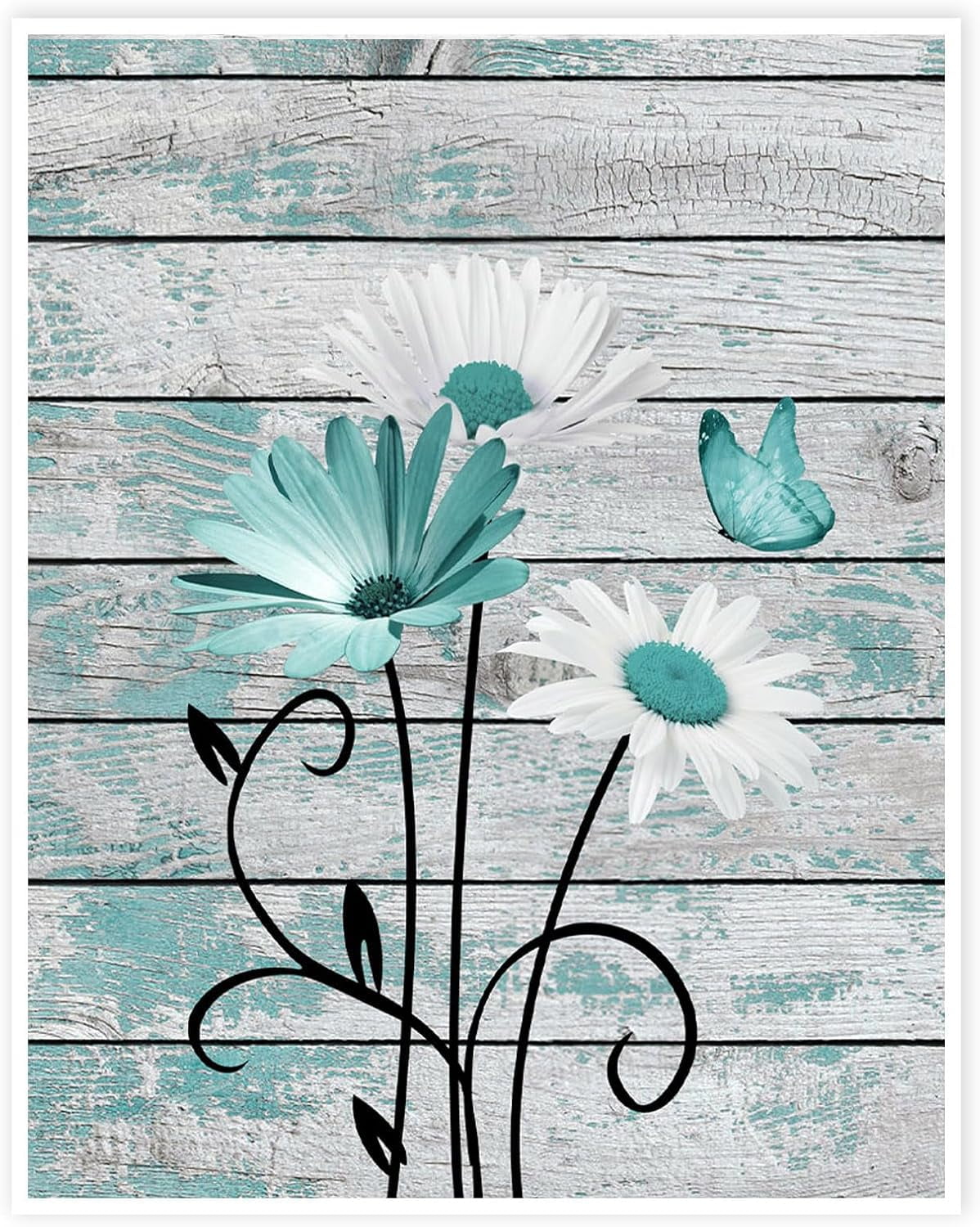 AEFER Farmhouse Floral Canvas Wall Art for Living Room Teal Blue and ...