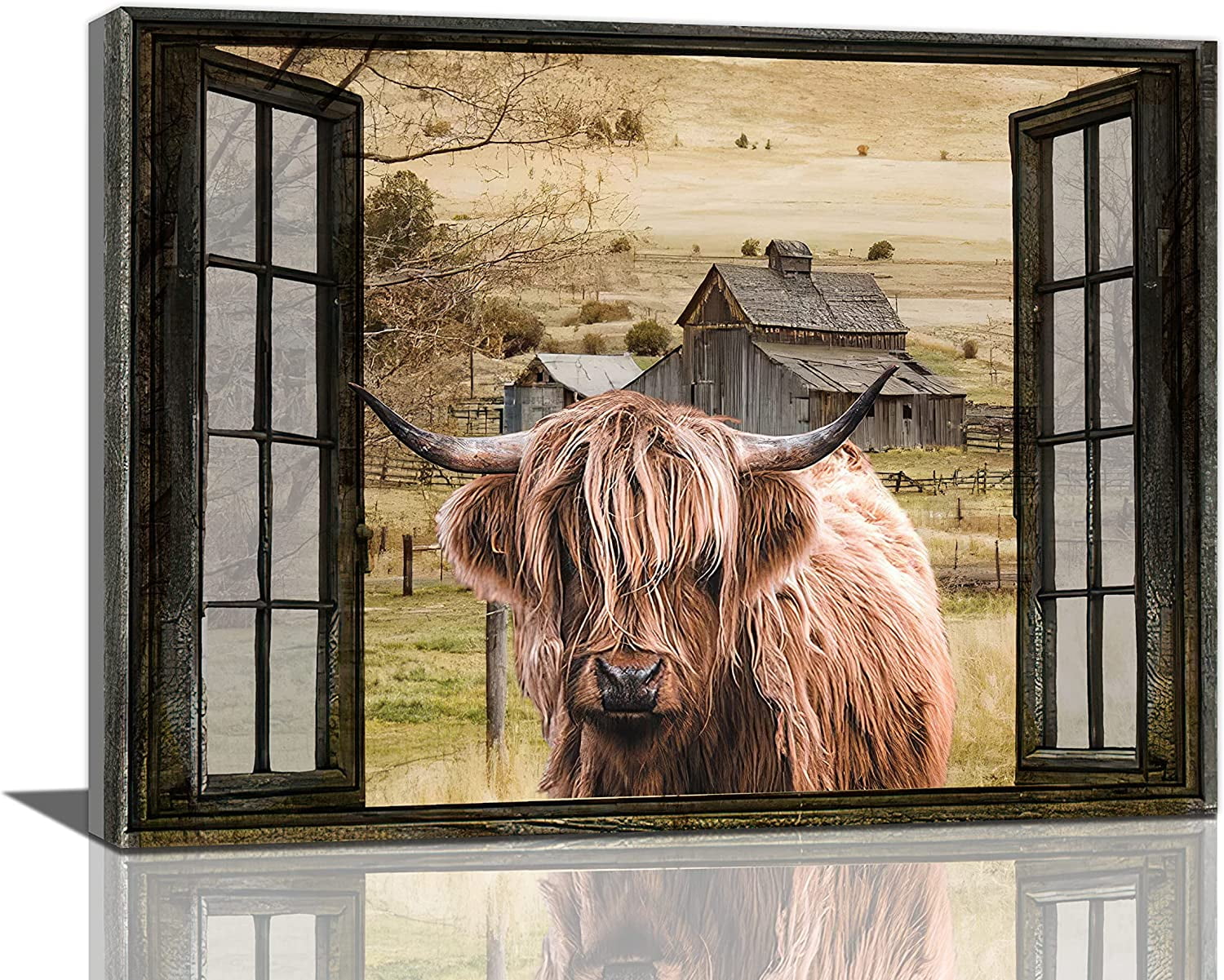 AEFER Farmhouse Highland Cow Bathroom Wall Art Rustic Highland Cow Barn ...
