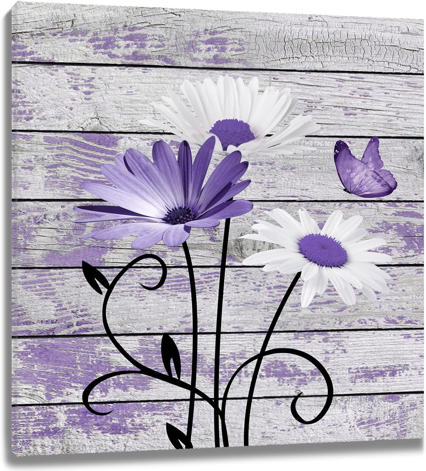 AEFER Farmhouse Purple Floral Wall Art for Living Room, White Daisy ...