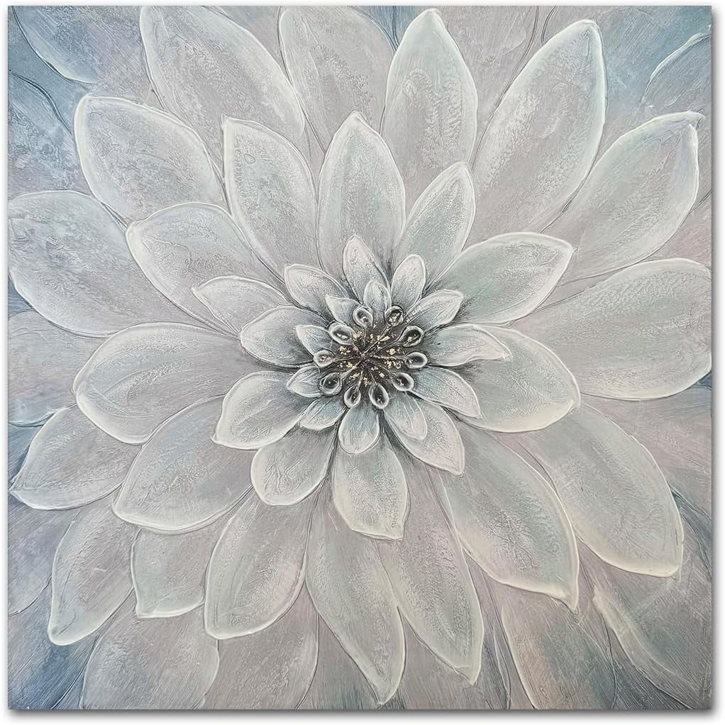 AEFER Flower Textured Wall Art Dahlia Painting Blue Gray Floral Picture ...