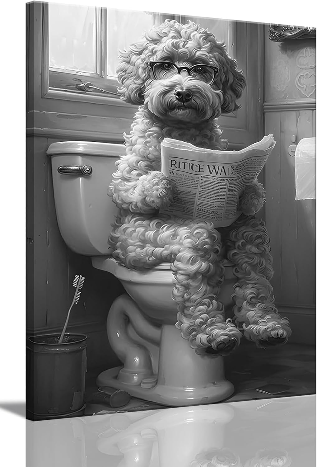 AEFER Framed Bathroom Decor Wall Art Funny Teddy Dog Sitting On Toilet ...