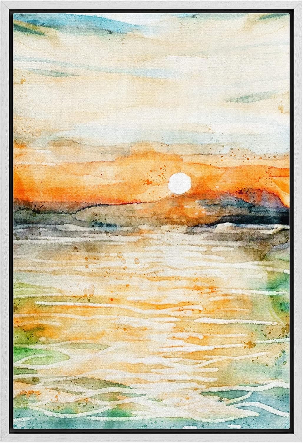 AEFER Framed Canvas Print Wall Art Watercolor Explosion Sunset Ocean ...