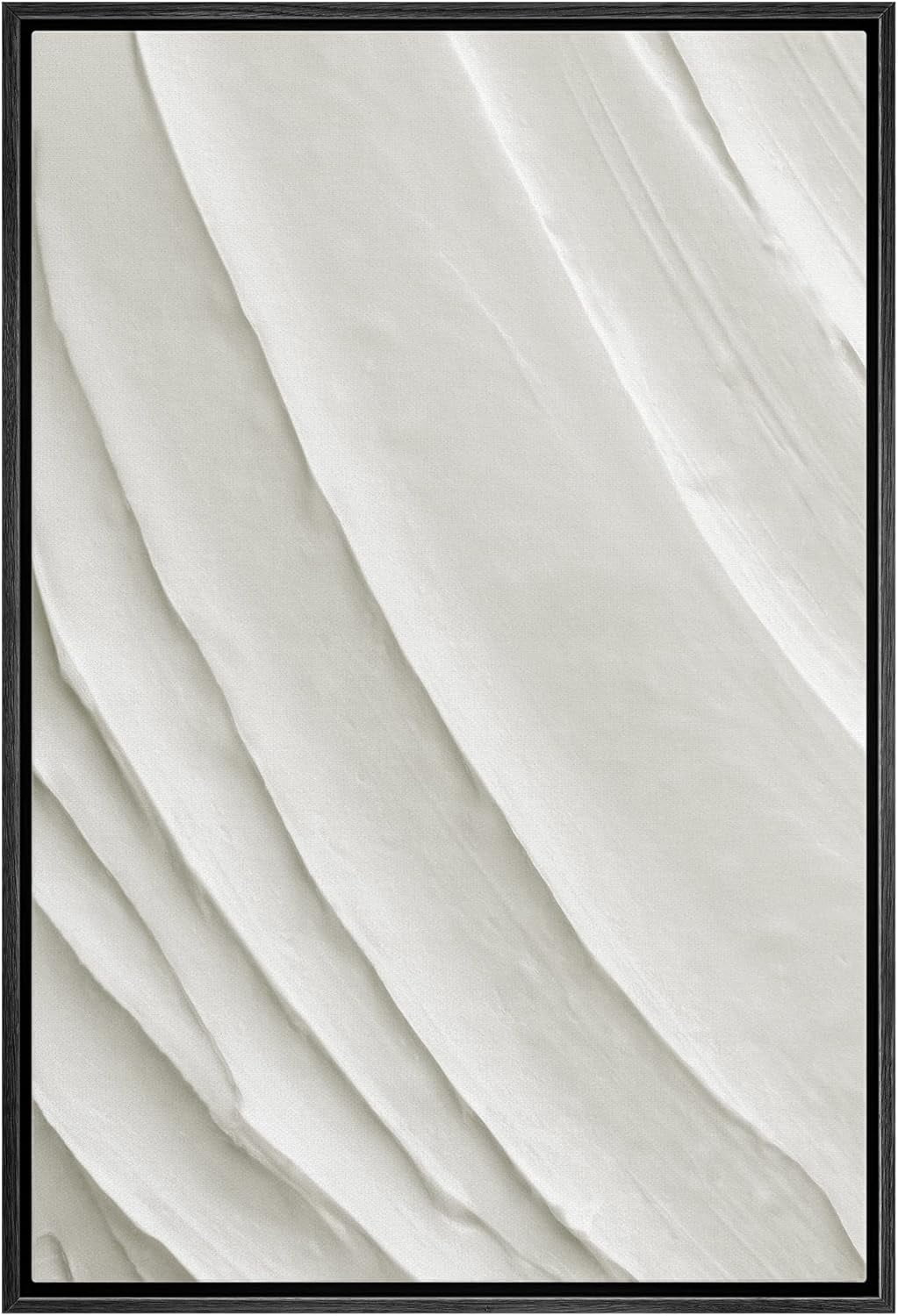 AEFER Framed Canvas Print Wall Art White Minimal Paint Stroke Wave ...