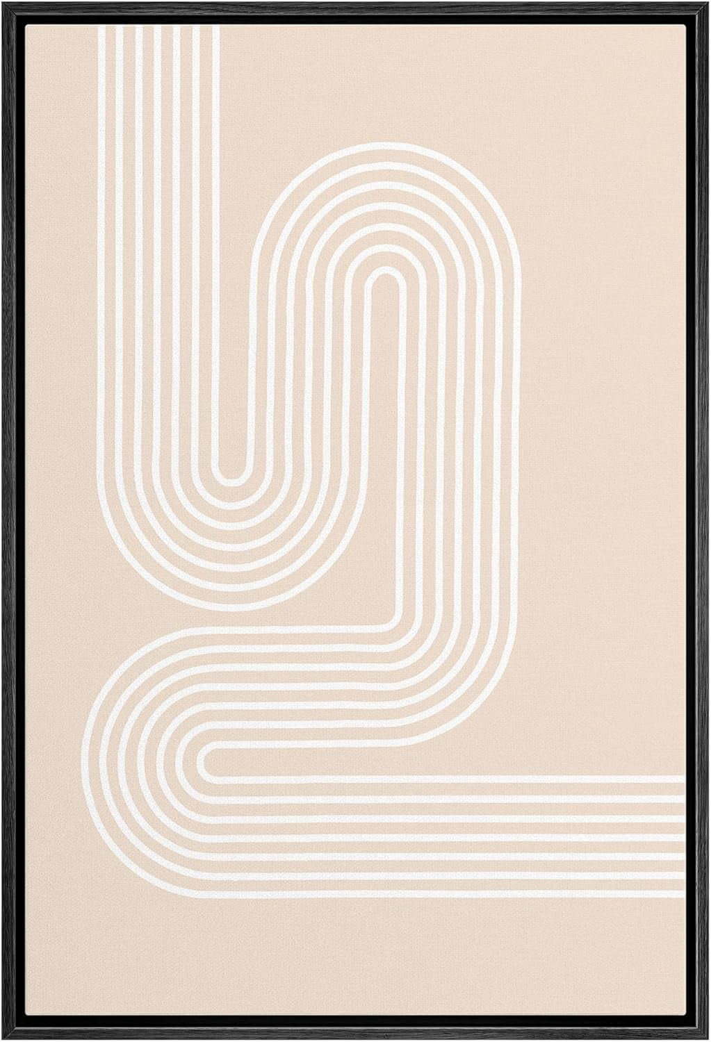 AEFER Framed Canvas Print Wall Art White Tan Retro Mid-Century Wave ...