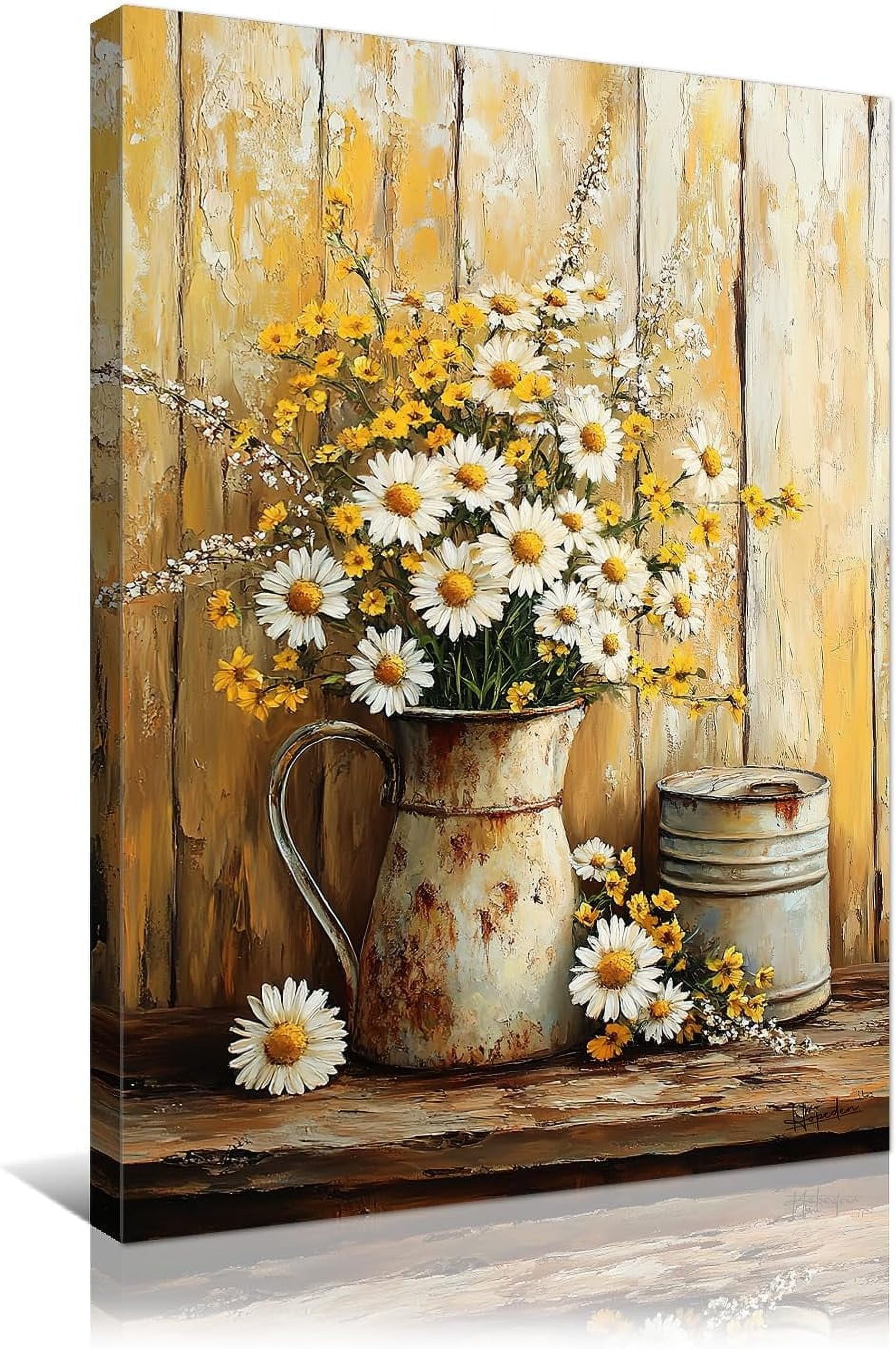 AEFER Framed Flower Canvas Wall Art White Yellow Daisy in Rusty Kettle ...