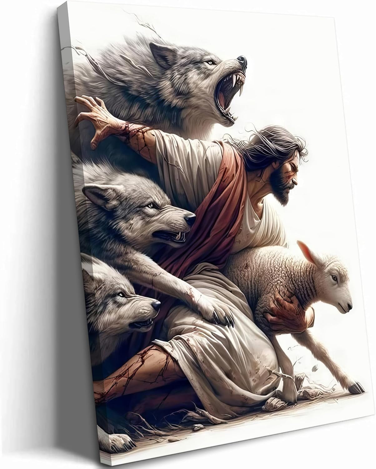 AEFER Jesus and Lamb Christian Canvas Wall Art Jesus Protect a Lamb from Wolves Picture Wall ...