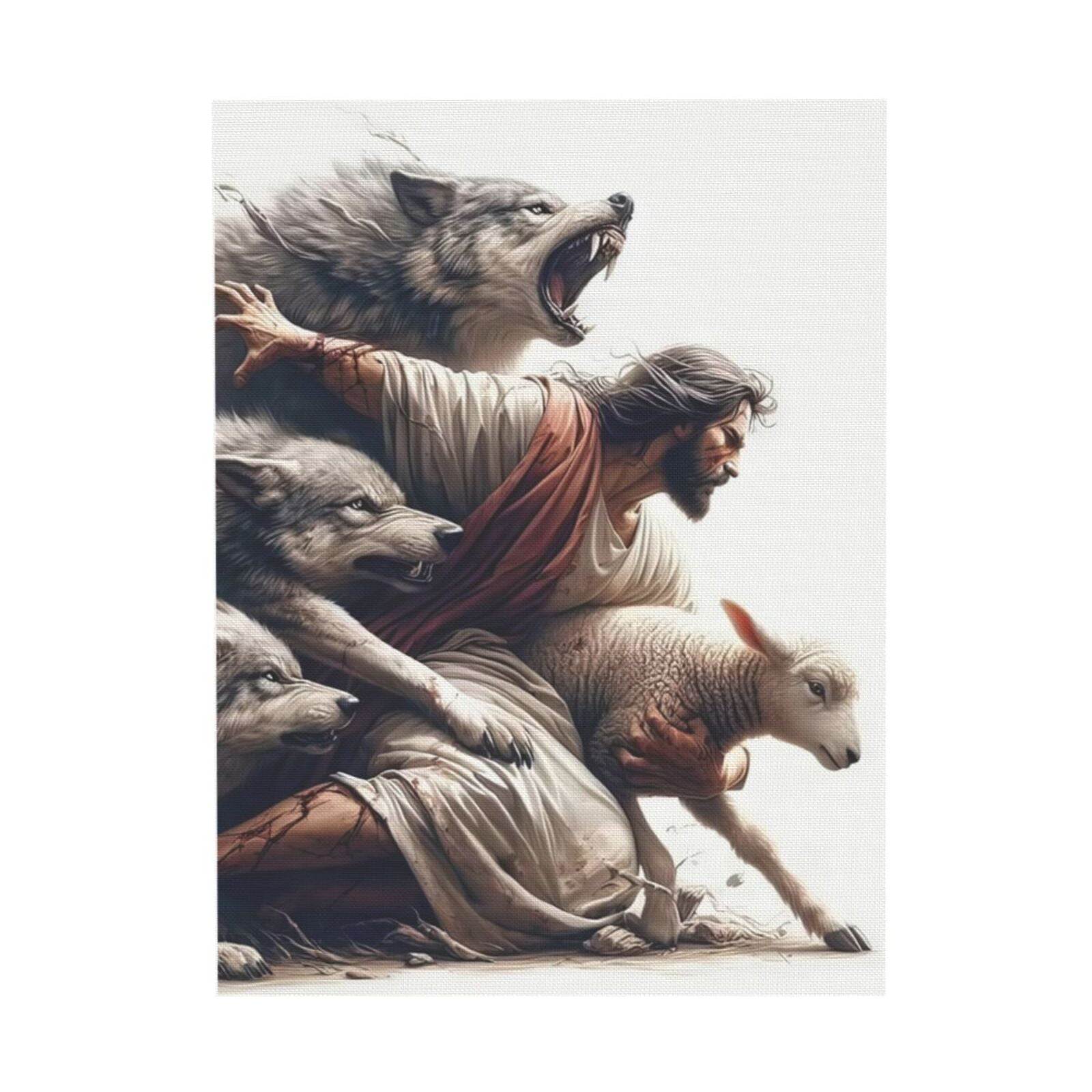 AEFER Framed Jesus and Lamb Christian Canvas Wall Art Jesus Protect a ...