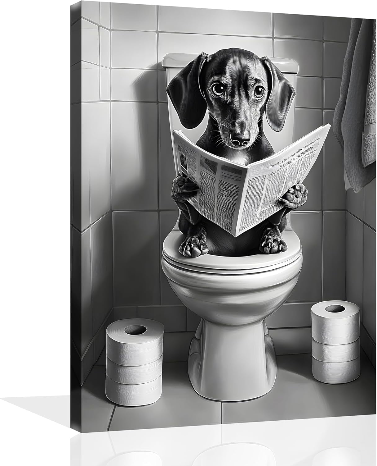 AEFER Funny Animal Bathroom Canvas Wall Art Dachshund Dog on the Toilet ...
