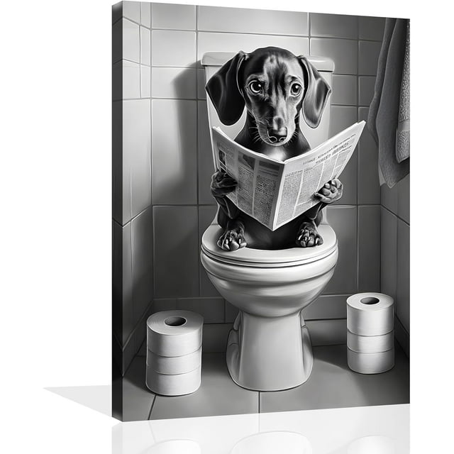 AEFER Funny Animal Bathroom Canvas Wall Art Dachshund Dog on the Toilet ...