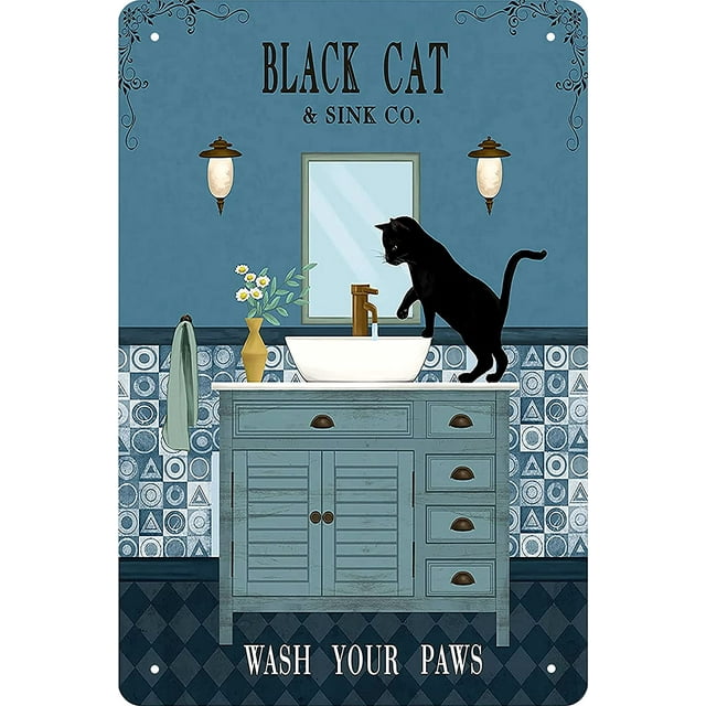 Aefer Funny Bathroom Decor Signs Funny Black Cat Decor Vintage Tin Sign