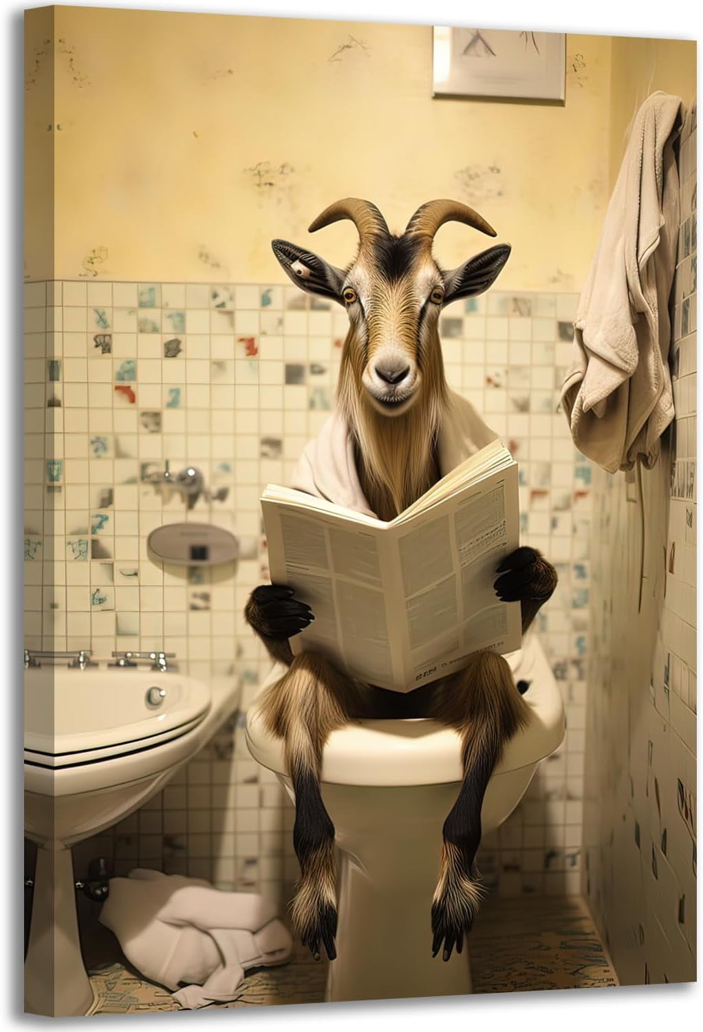 AEFER Funny Bathroom Wall Art Cute Goat Sitting on Toilet Reading ...
