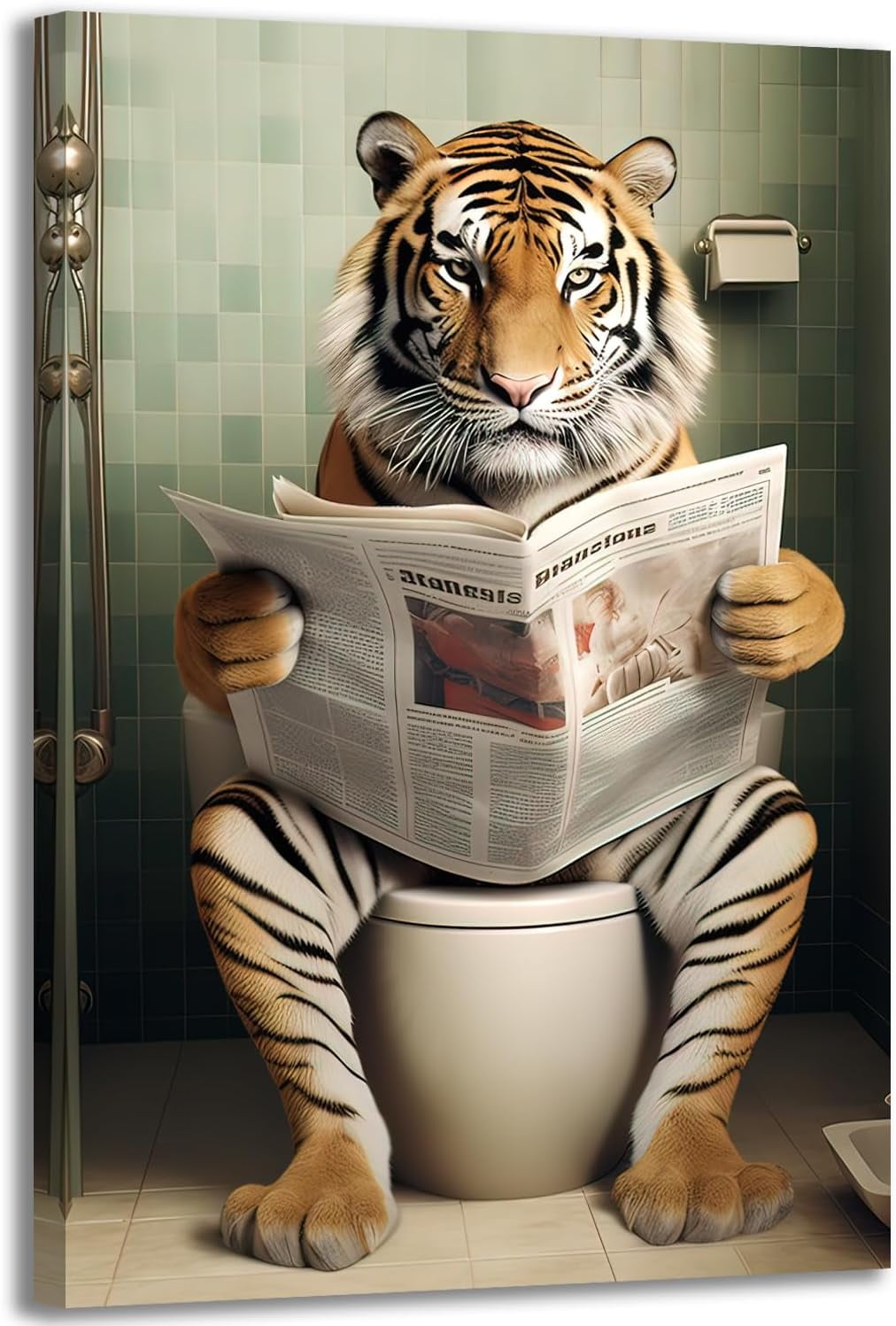 AEFER Funny Bathroom Wall Art Cute Tiger Sitting on Toilet Reading ...