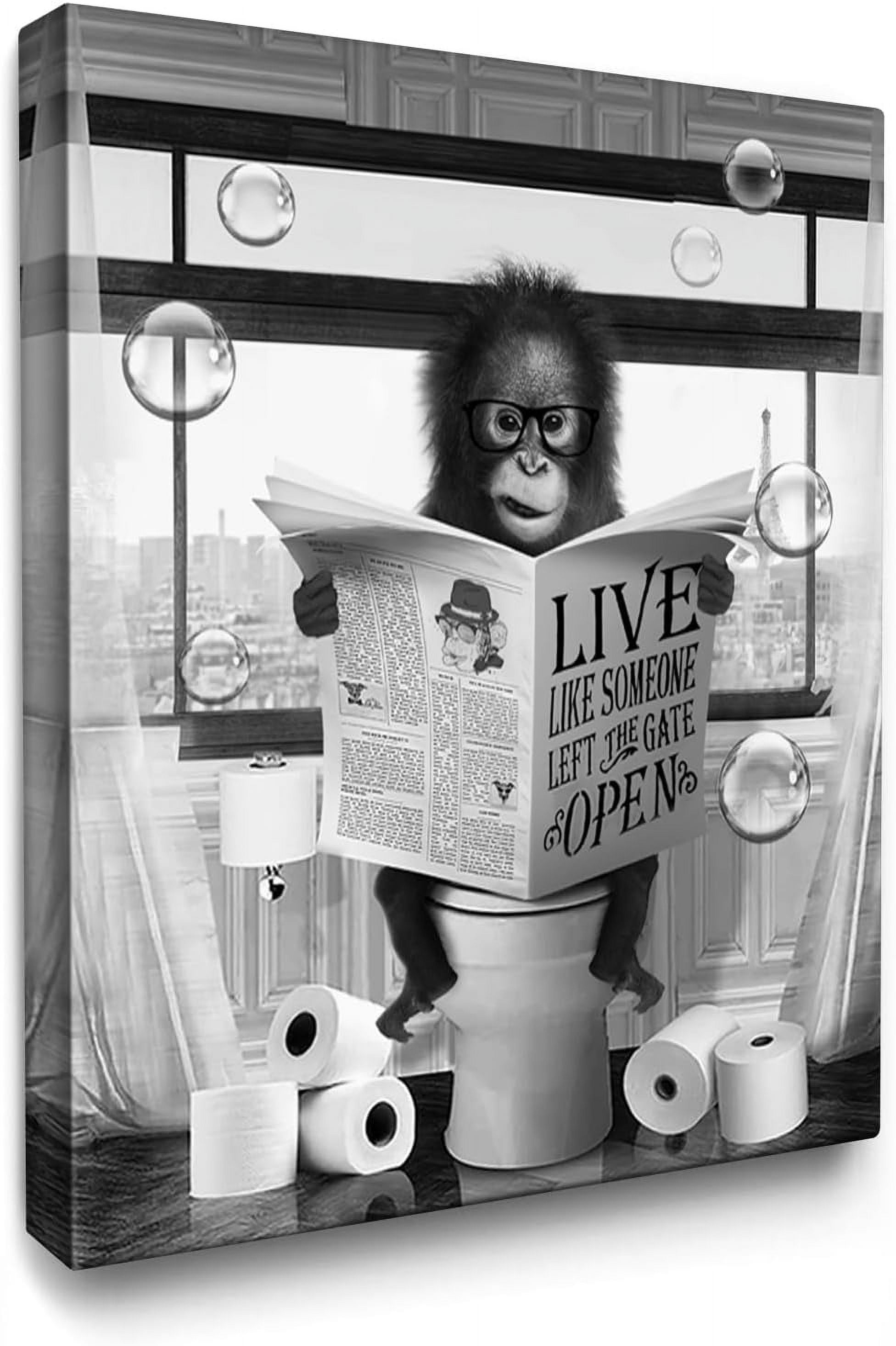 AEFER Funny Chimp Bathroom Decor Canvas Wall Art Cute Chimp Sitting in ...