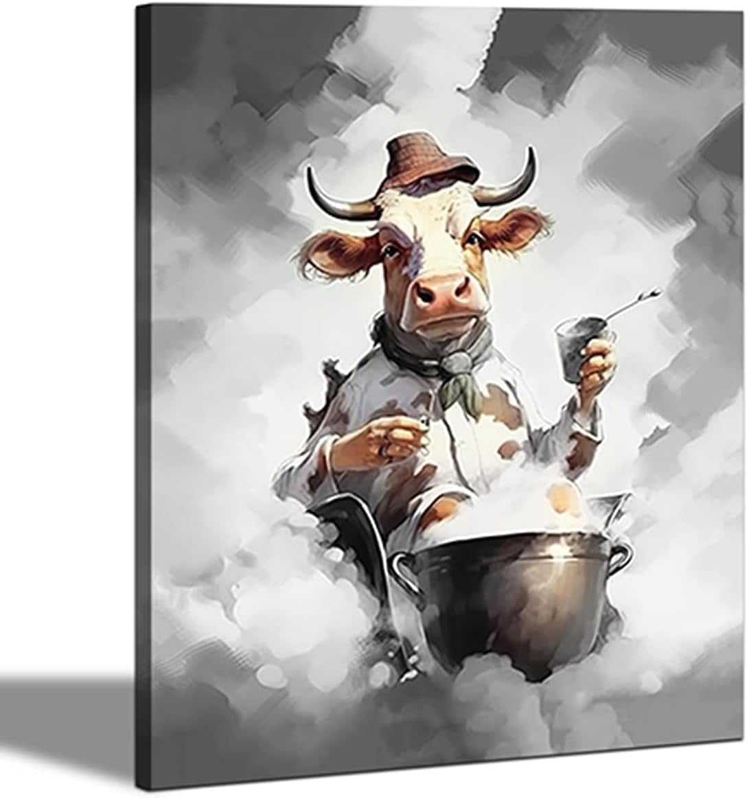 AEFER Funny Cow Canvas Wall Art - Cooking Cow Picture in the Kitchen ...