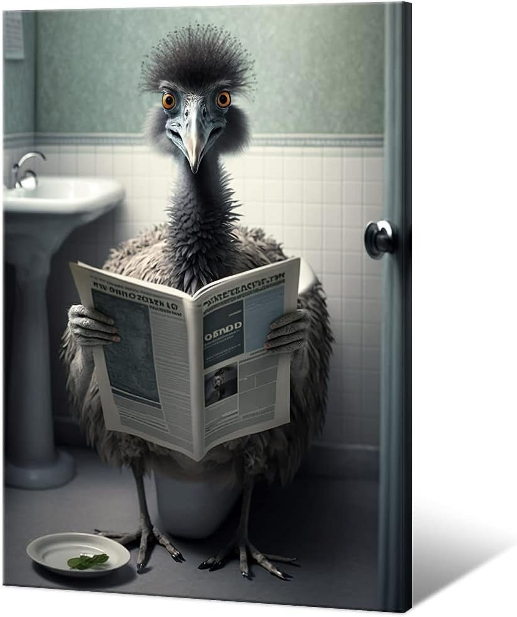 AEFER Funny Emu on Bathroom Canvas Wall Art Cute Emu on In Toilet ...