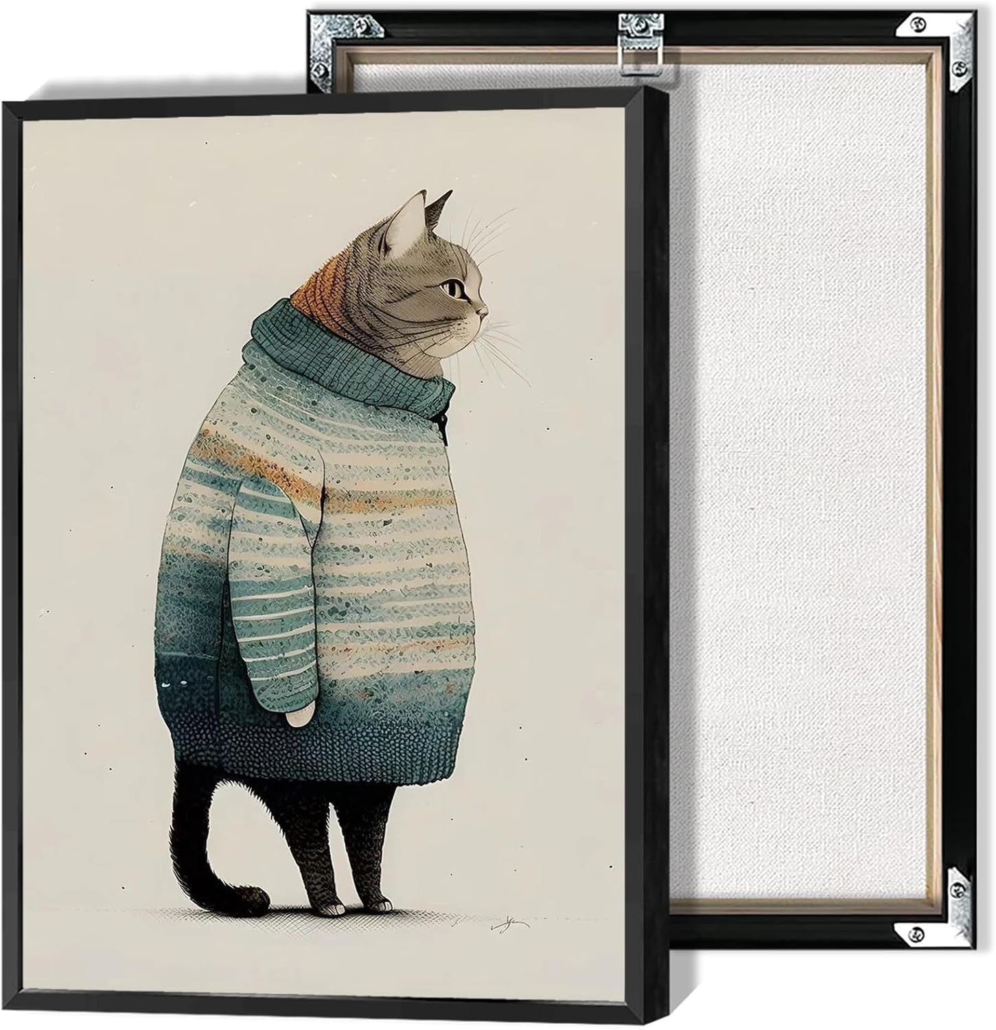 AEFER Funny Fat Gray Cat Canvas Wall Art Cute Cat In Sweater Posters ...