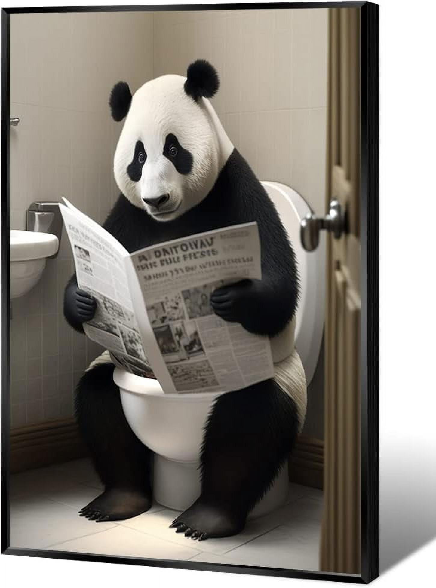 AEFER Funny Panda Bathroom Canvas Wall Art Cute Panda In Toilet Posters Black and White Animal ...