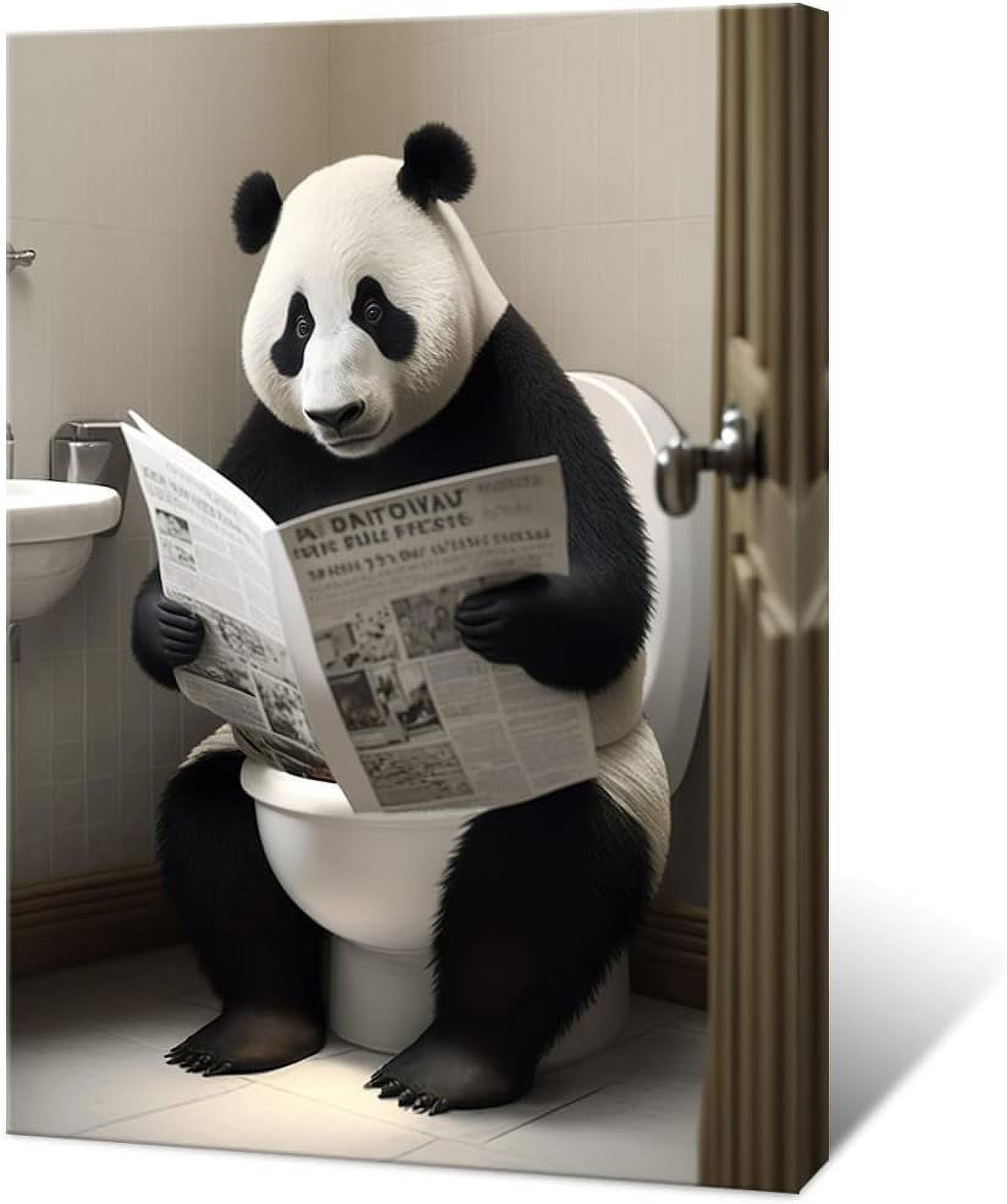 AEFER Funny Panda Bathroom Canvas Wall Art Cute Panda In Toilet Posters Black and White Animal ...
