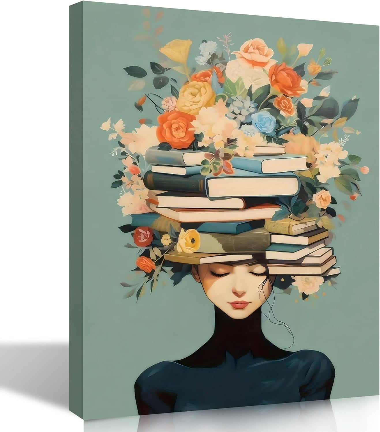 AEFER Girl with Book Abstract Canvas Poster Green Wrapped Unframed Wall ...