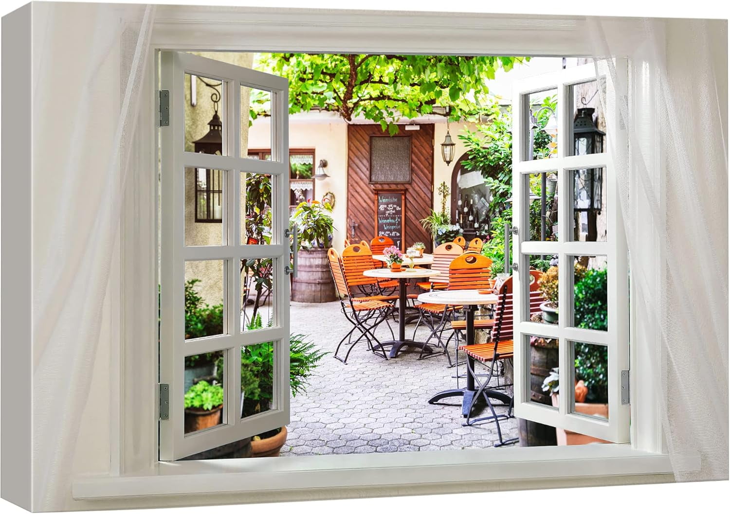 AEFER Glimpse into Coffee Shop with Wood Tables and Chairs Out of Open ...