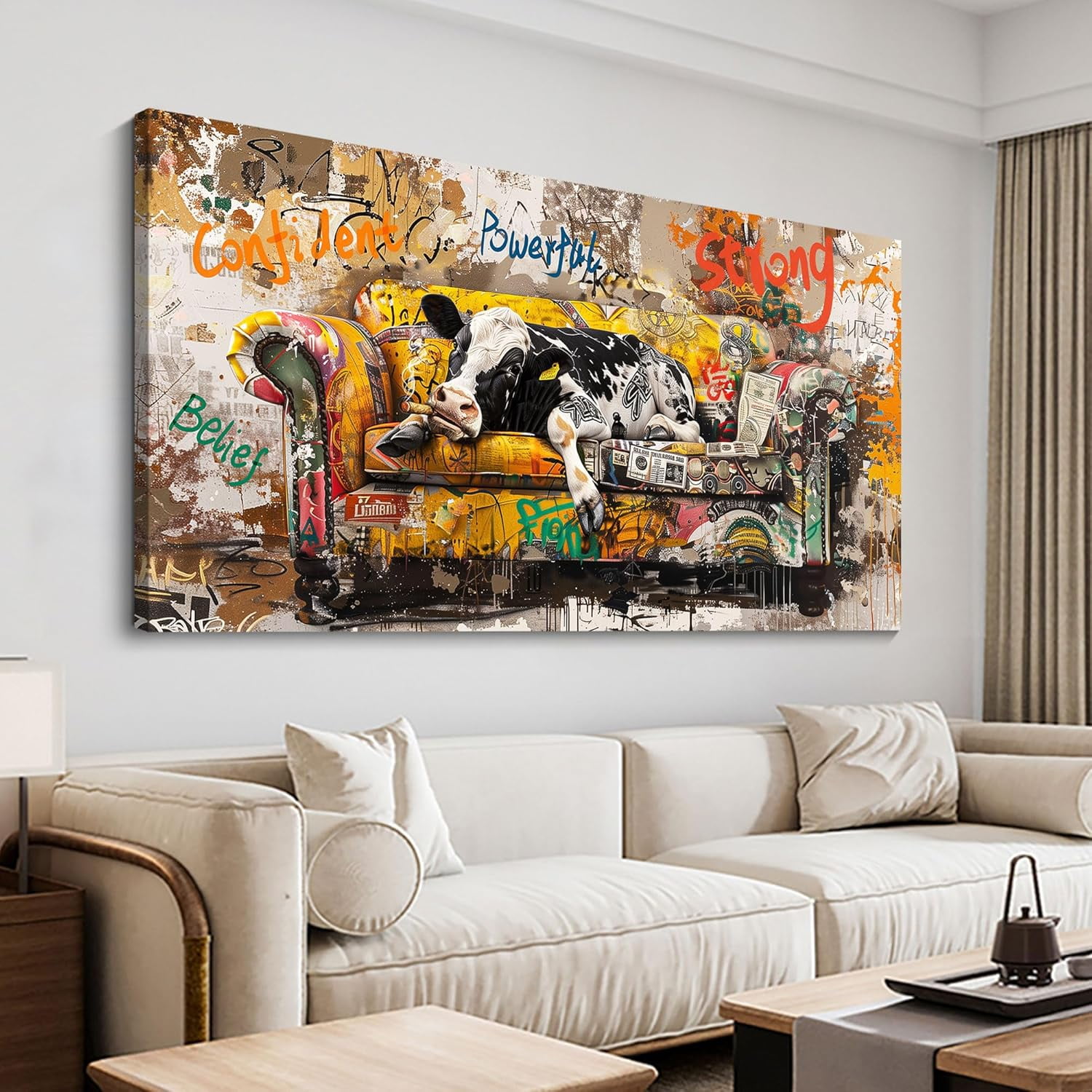 AEFER Graffiti Canvas Wall Art - Large 24x48 IN Modern Street Art Cow ...