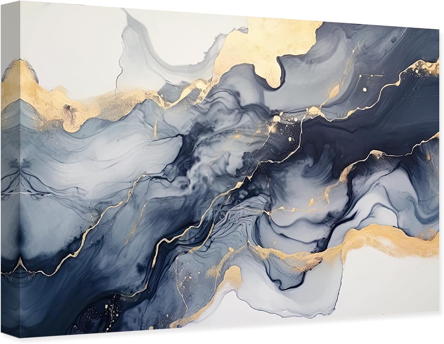 AEFER Gray Blue Abstract Canvas Wall Art Navy Blue Gold Picture Modern ...