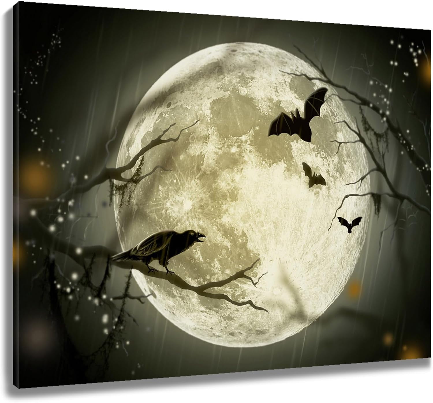 AEFER Halloween Full Moon Wall Art Black Bat and Crow on Horror Black ...