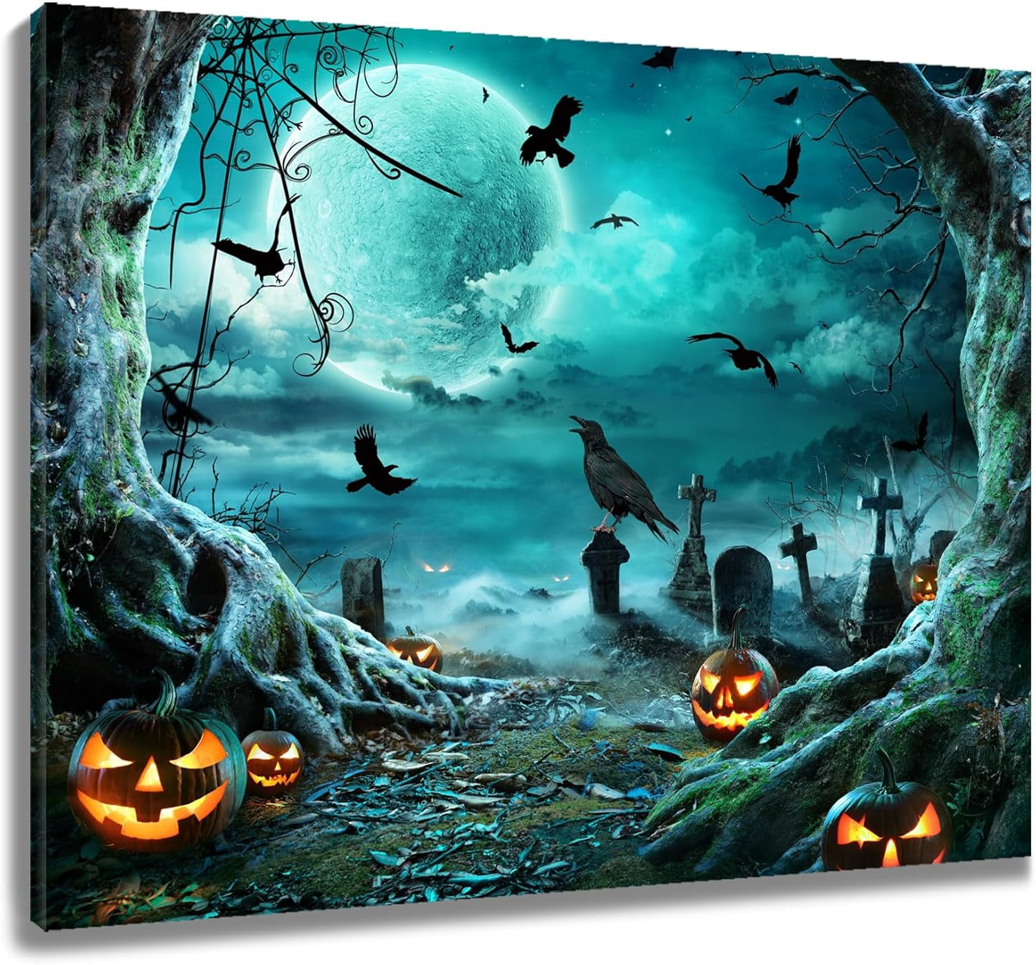 AEFER Halloween Full Moon Wall Art Black Crow Bat and Dead Tree in ...