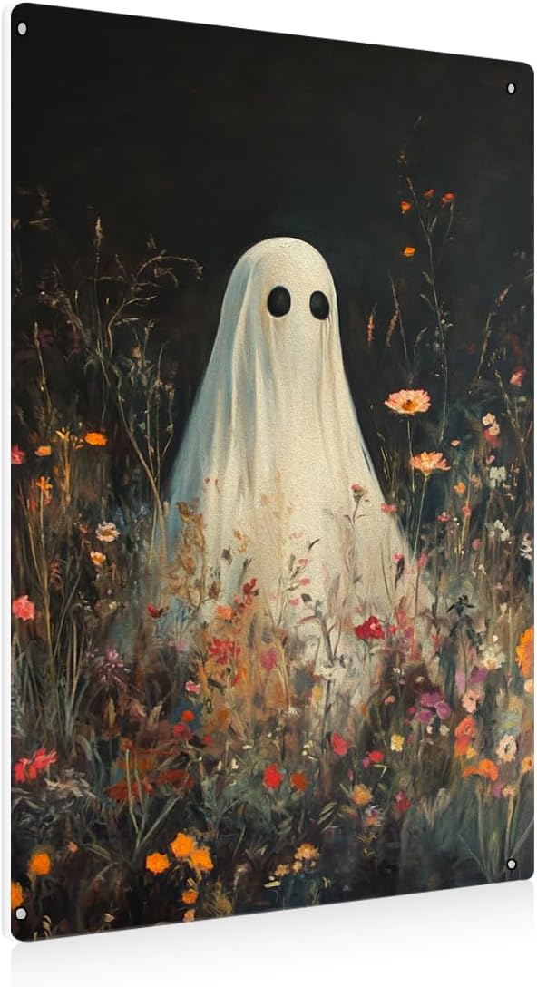 AEFER Halloween Sign Decor Cute Gothic Ghost Sign Ghost Wall Art Metal ...