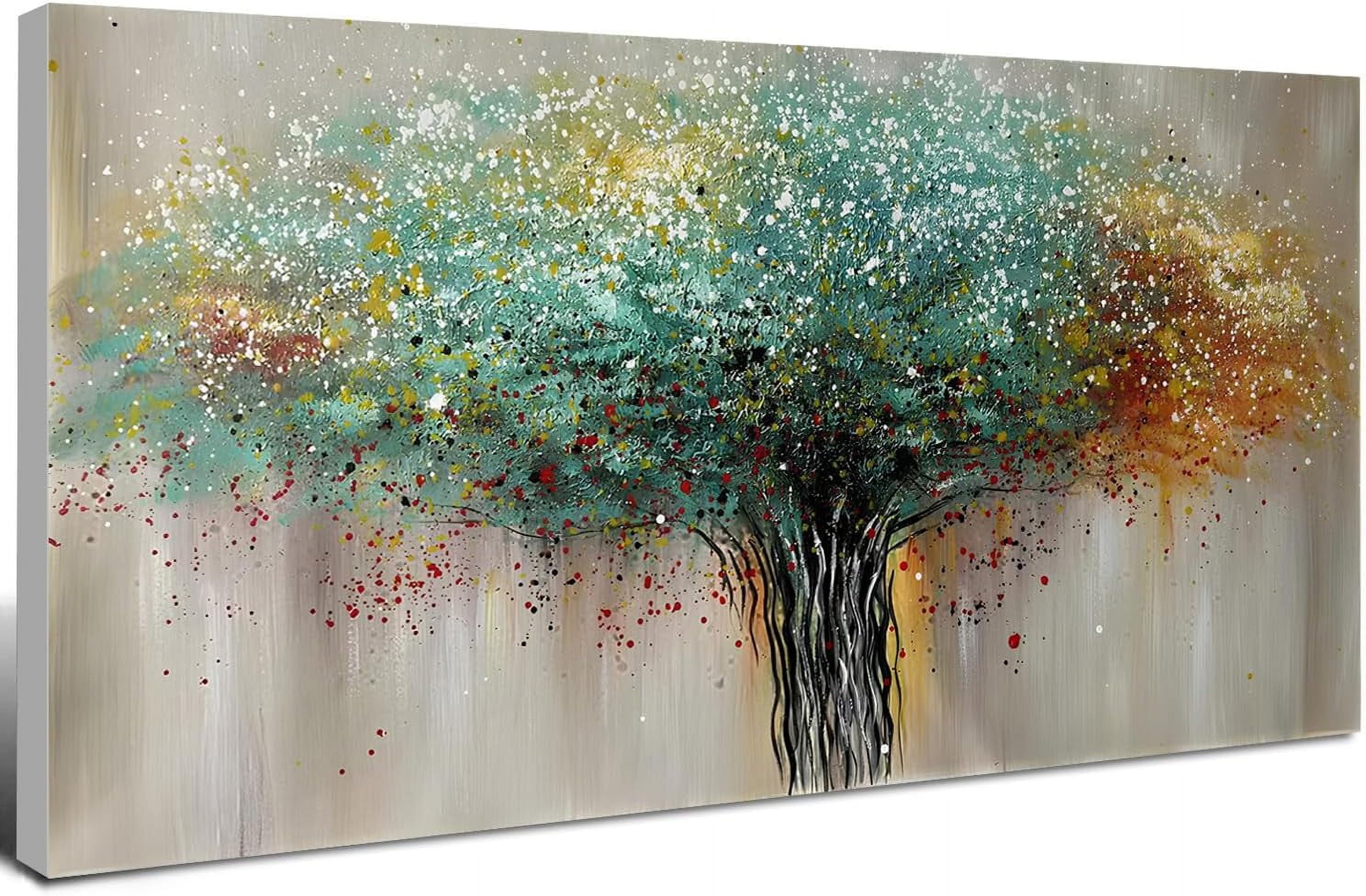 AEFER Hand Painted Tree Painting Teal Tree of Life Wall Art Large Abstract Tree Canvas Oil ...