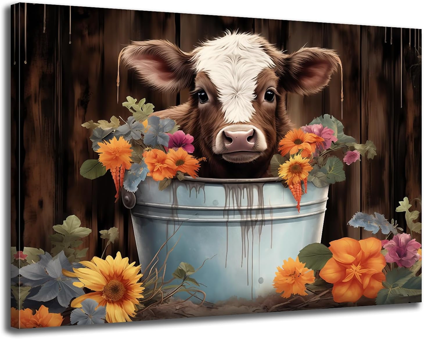 AEFER Highland Cow Bathroom Wall Art Baby Cow in Bucket with Coloful Flowers Picture Prints ...