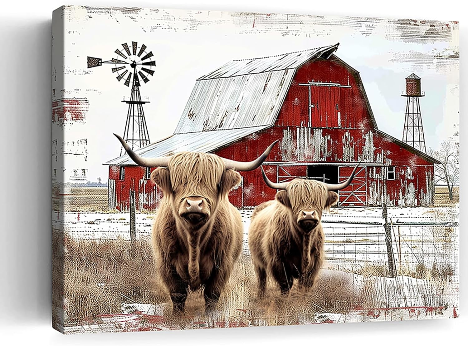 AEFER Highland Cow Cattle Red Old Barn Windmill Wall Art Decor ...